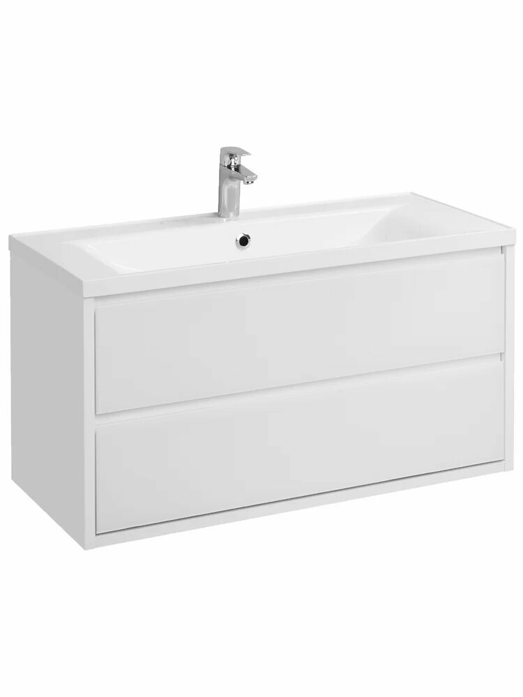 Тумба с раковиной AQUATON Римини 100 1A1345K0RN010 подвесная, 100,2 см, белая, из МДФ, с ящиками, раковина для ванной, из искусственного мрамора, прямоугольная
