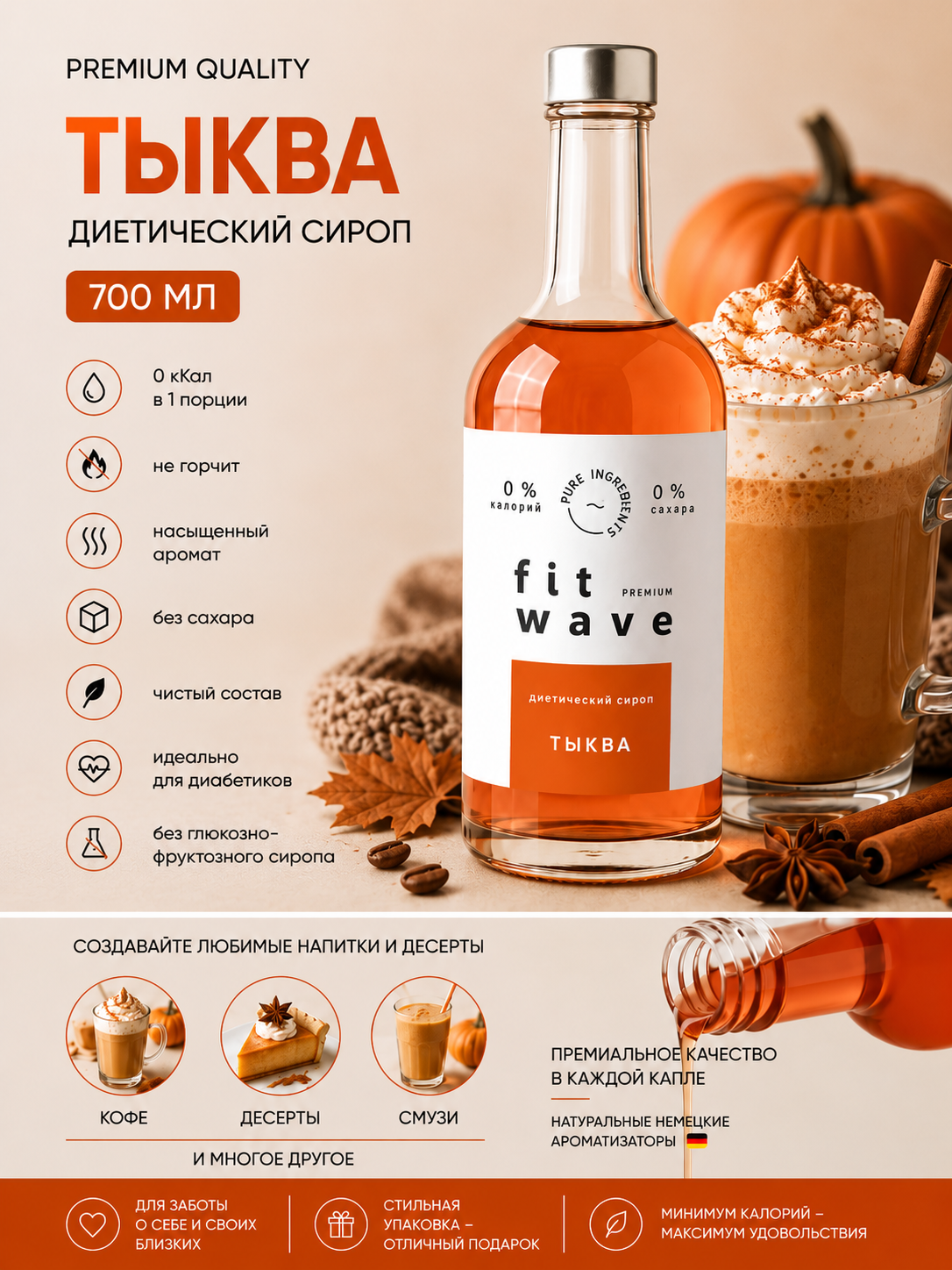 Сироп диетический без сахара низкокалорийный FitWave Тыква 700 мл. для кофе