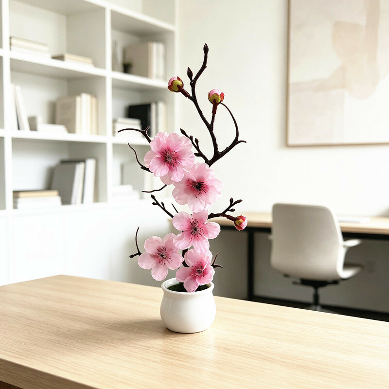 Small silk plum flower arrangement for home ornament and event decor, pink