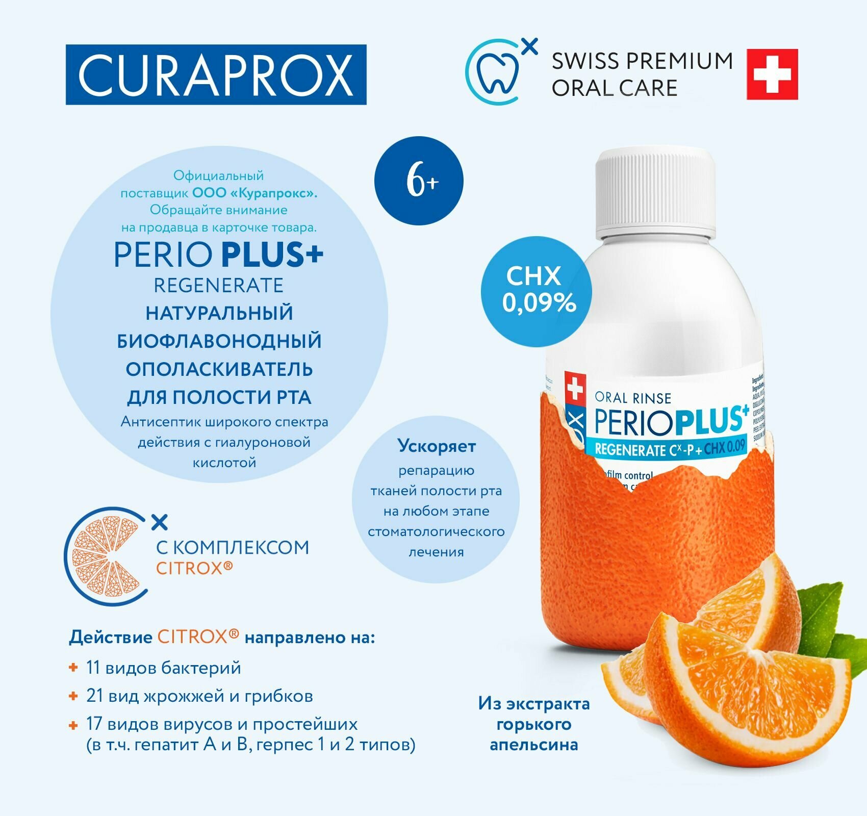 CURAPROX Лечебный ополаскиватель для полости рта с хлоргексидином 0,09% и гиалуроновой кислотой для взрослых и детей от 6 лет, для профилактики возникновения кариеса жидкость Perio Plus 200 мл