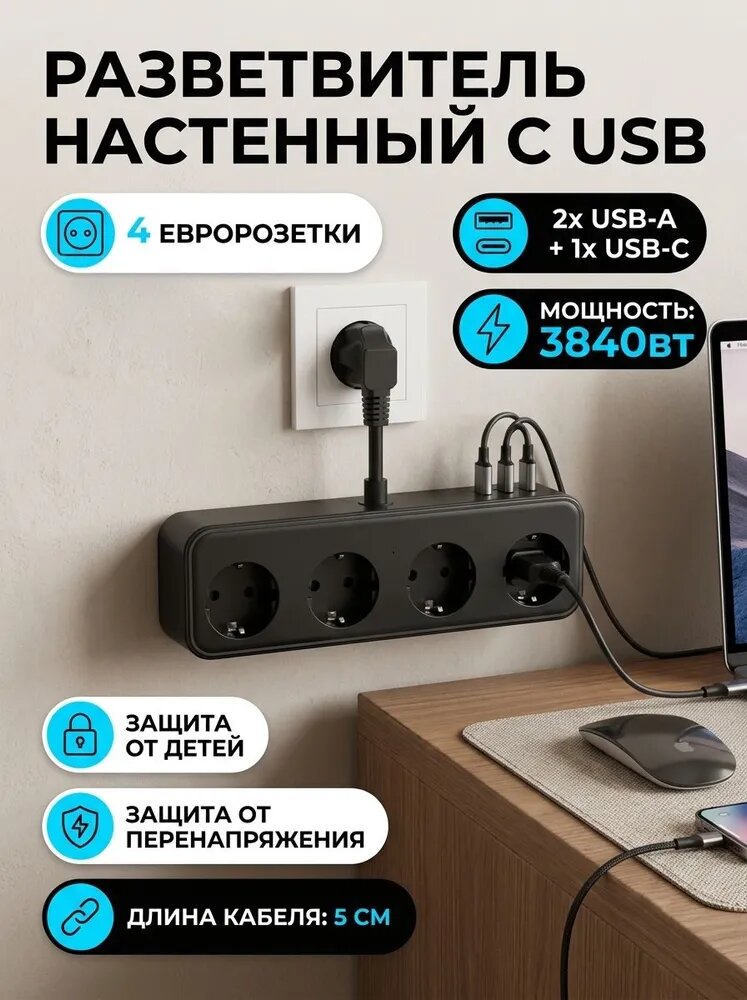 HITRENDS сетевой разветвитель-удлинитель на розетку, 4 евророзетки + 2 USB-A + 1 USB-C, 250В 16А 3840Вт, защита от детей, защита от перенапряжения, для дома и офиса
