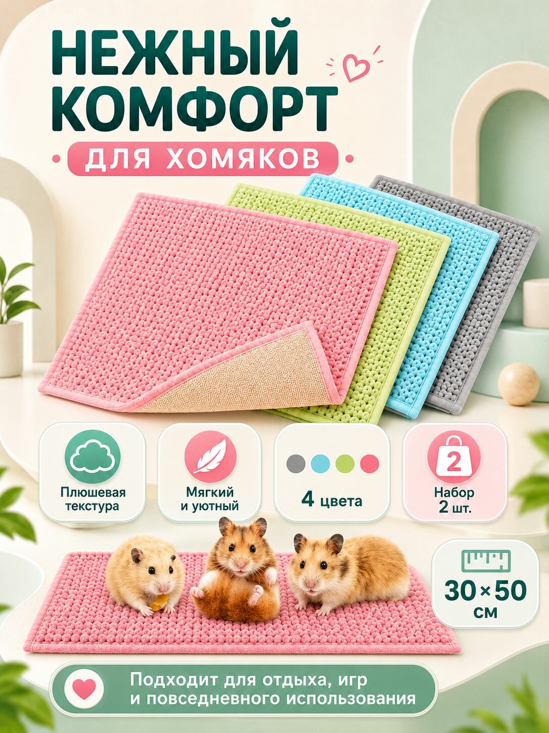 Коврик для домашних животных, синелевый плюш, нескользящий, многоразовый, моющийся, подходит для морских свинок, кроликов, мелких домашних животных, зеленый, две части, 30*50 см синелевый коврик для животных моющийся нескользящий коврик 30x