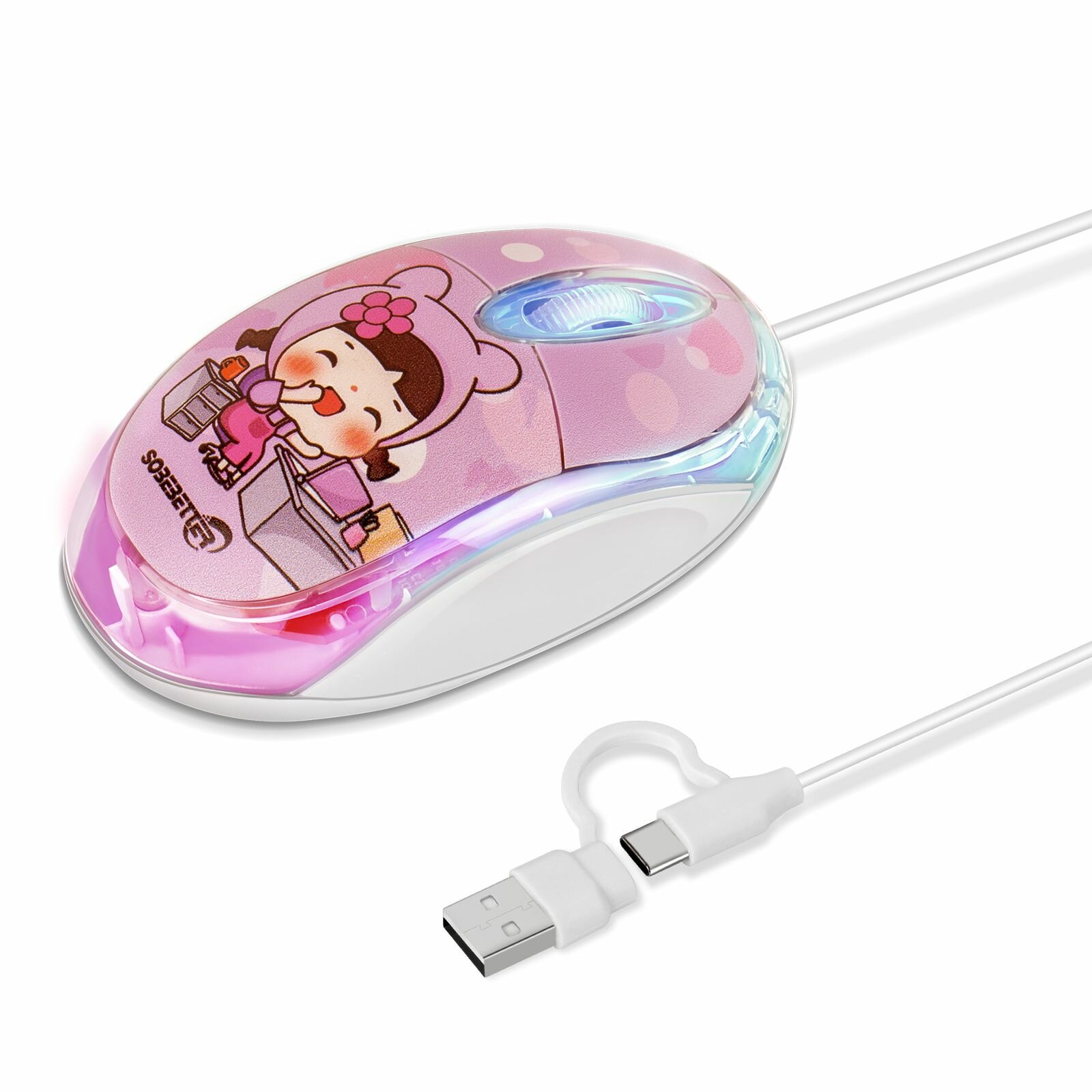 SENDEYUAN Мышь проводная Проводная мышь USB+Type-C — для ПК/ноутбуков/телефонов, 7 цветов LED, бесшумные кнопки, кабель 1.5 м, розовый
