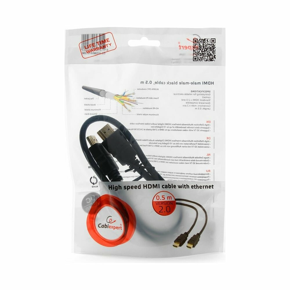 Кабель HDMI Cablexpert, 0.5м, v2.0, 19M/19M, медь, позолоченные разъемы, экранировка, пакет, черный CC-HDMI4-0.5M — фото 1