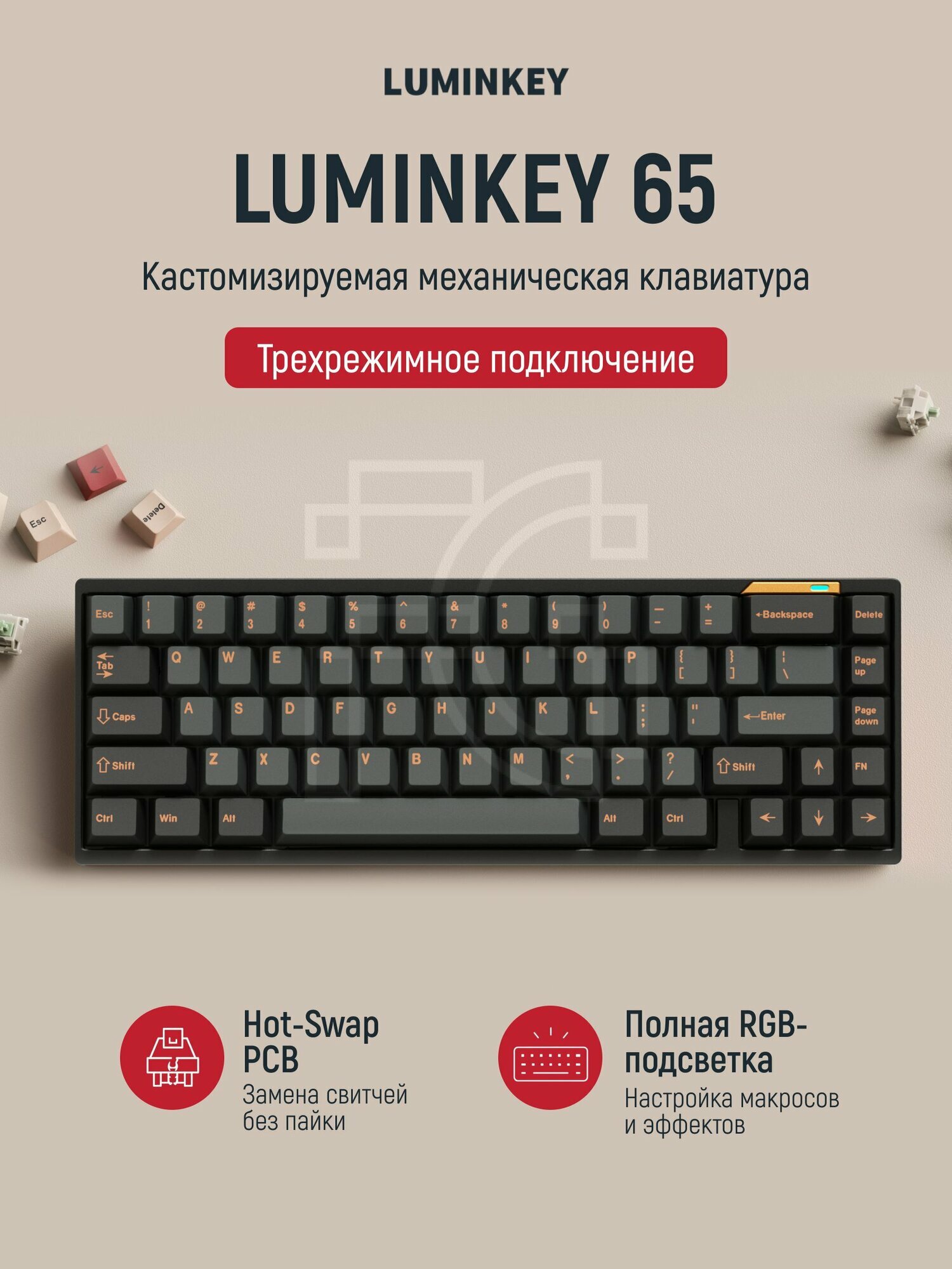 Механическая клавиатура LUMINKEY LK65 65% Tri-Mode Mechanical Keyboard Ano-Black / английская раскладка