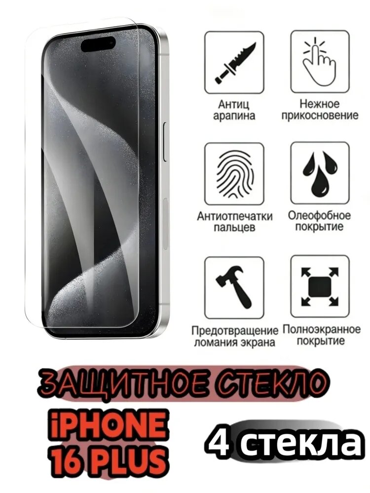 4 шт Защитное стекло на iphone16PLUS, стекло с противоударной функцией защищает экран от повреждений в результате столкновения.