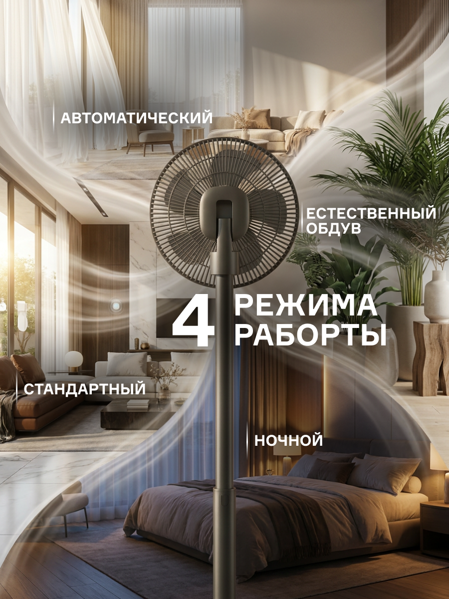 Беспроводной вентилятор напольный QYRON FS904 Wi-Fi 24 Вт до 30 часов без подзарядки, с Алисой — фото 1
