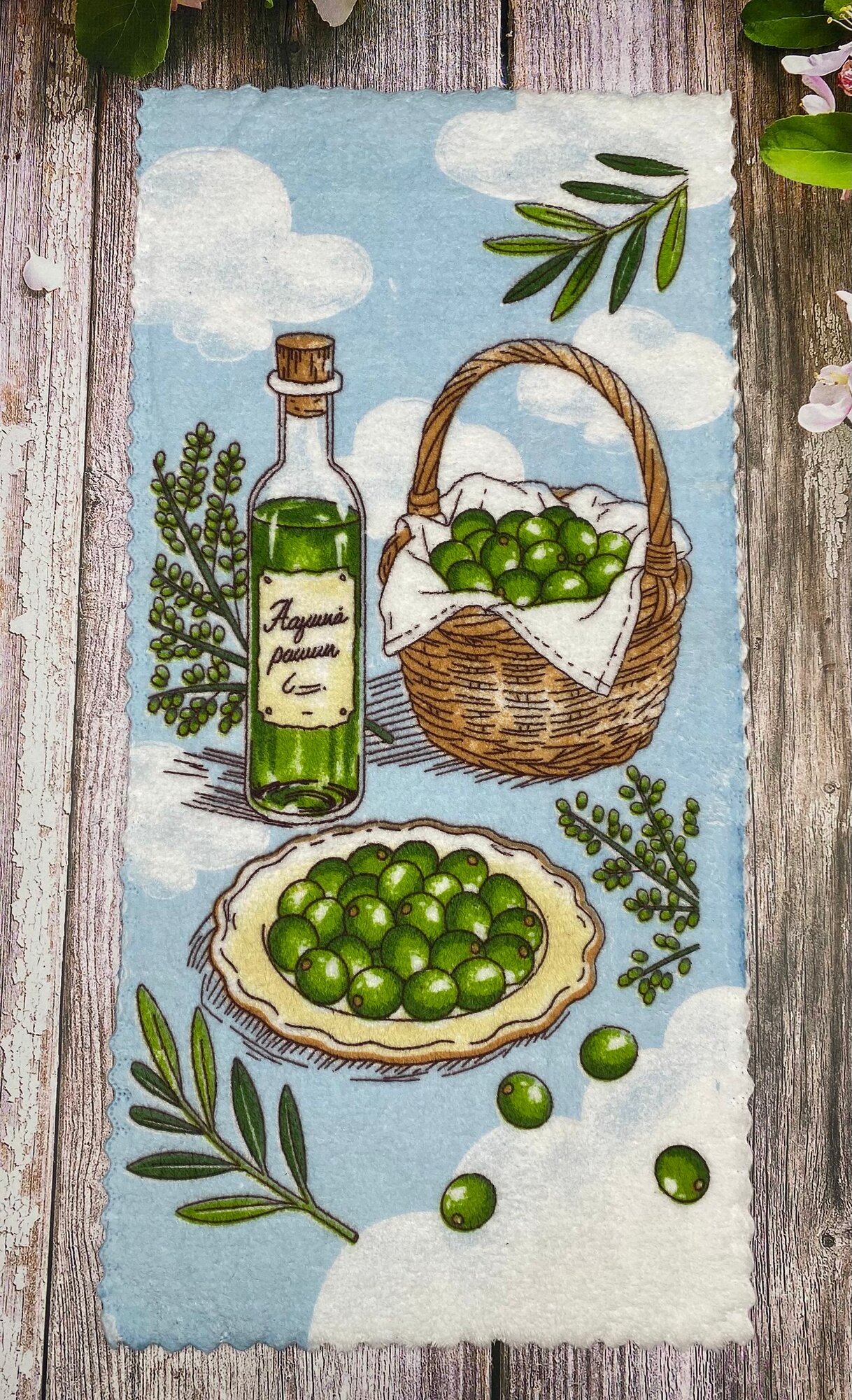 Полотенце кухонное 25*50 см микрофибра, для рук и лица, для посуды "Олива в корзинке"