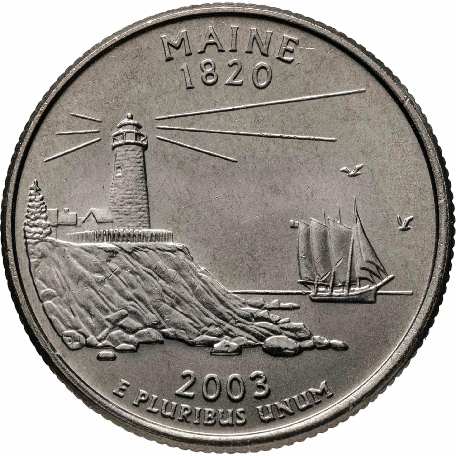США 25 центов квотер, 1/4 доллара, quarter dollar 2003 P Квотер штата Мэн знак монетного двора: "P" - Филадельфия, Медь, в сохранности UNC
