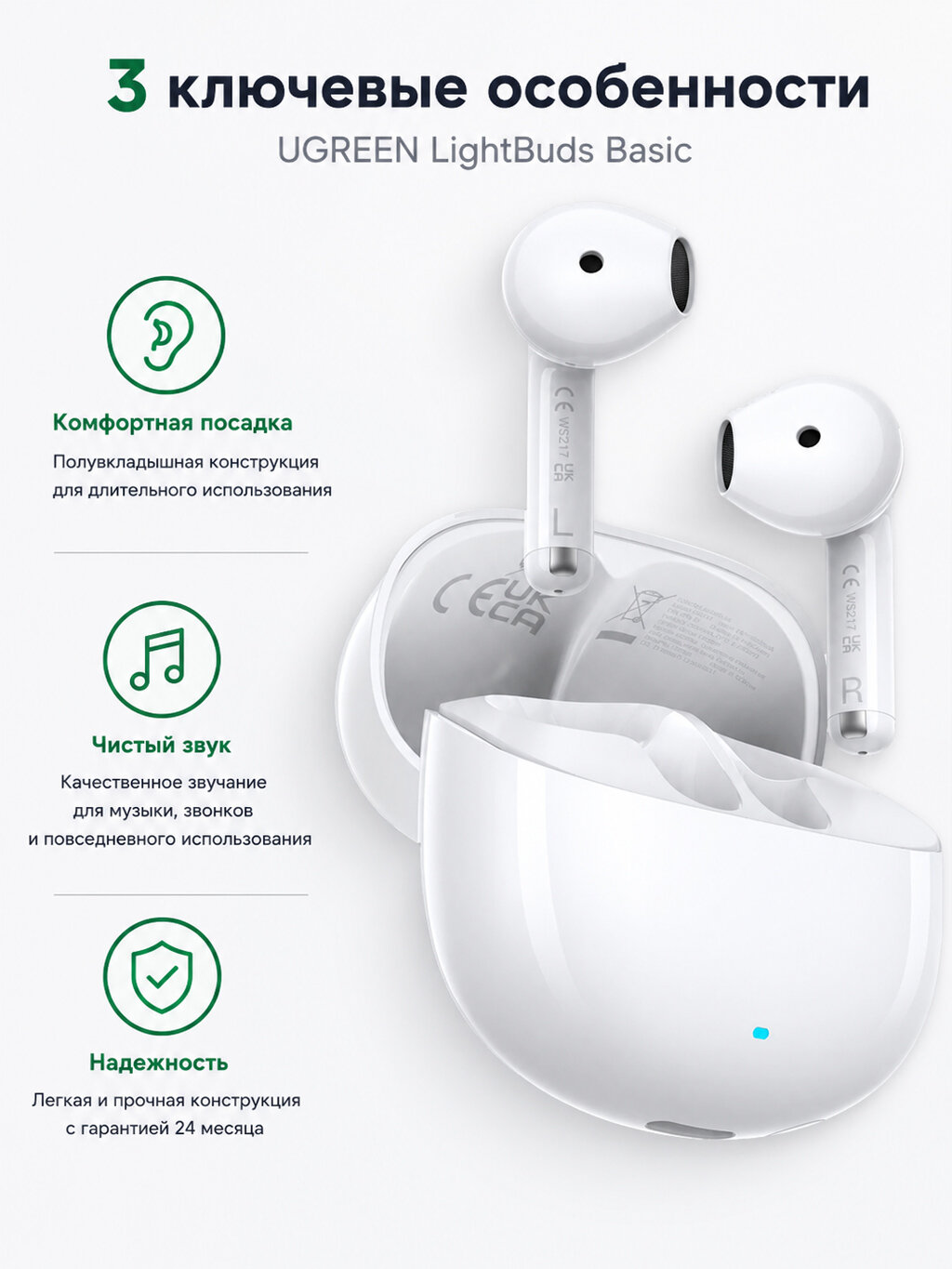 Беспроводные наушники UGREEN WS217 (65876) Bluetooth 6.0 ENC Earphone