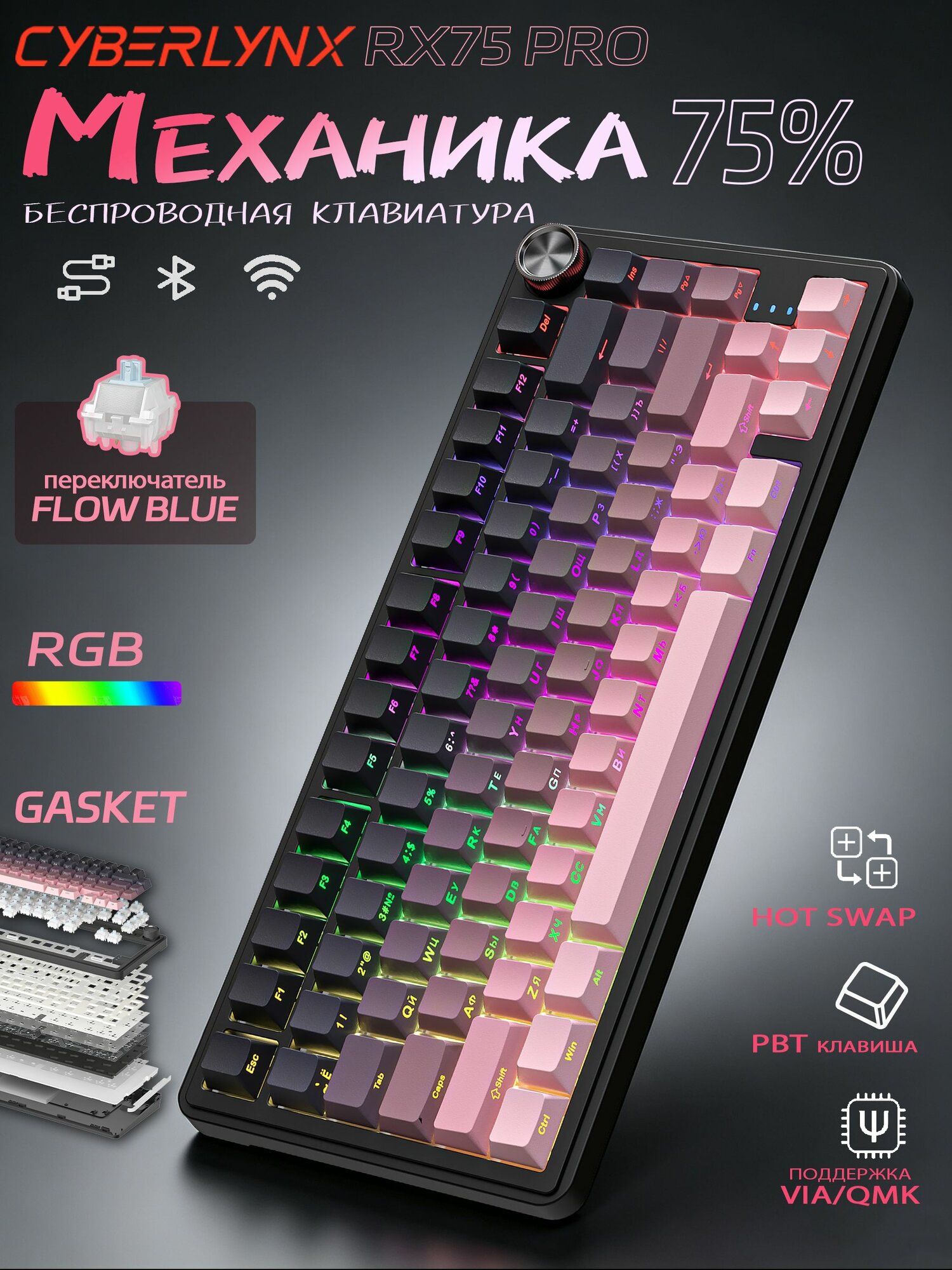 CyberLynx Игровая клавиатура беспроводная RX75 PRO беспроводная механическая клавиатура для компьютера RGB игровая клавиатура горячей вставкой Bluetooth / 2,4 ГГц / Type-C, (Glow Blue), Русская раскладка, черный, малиновый