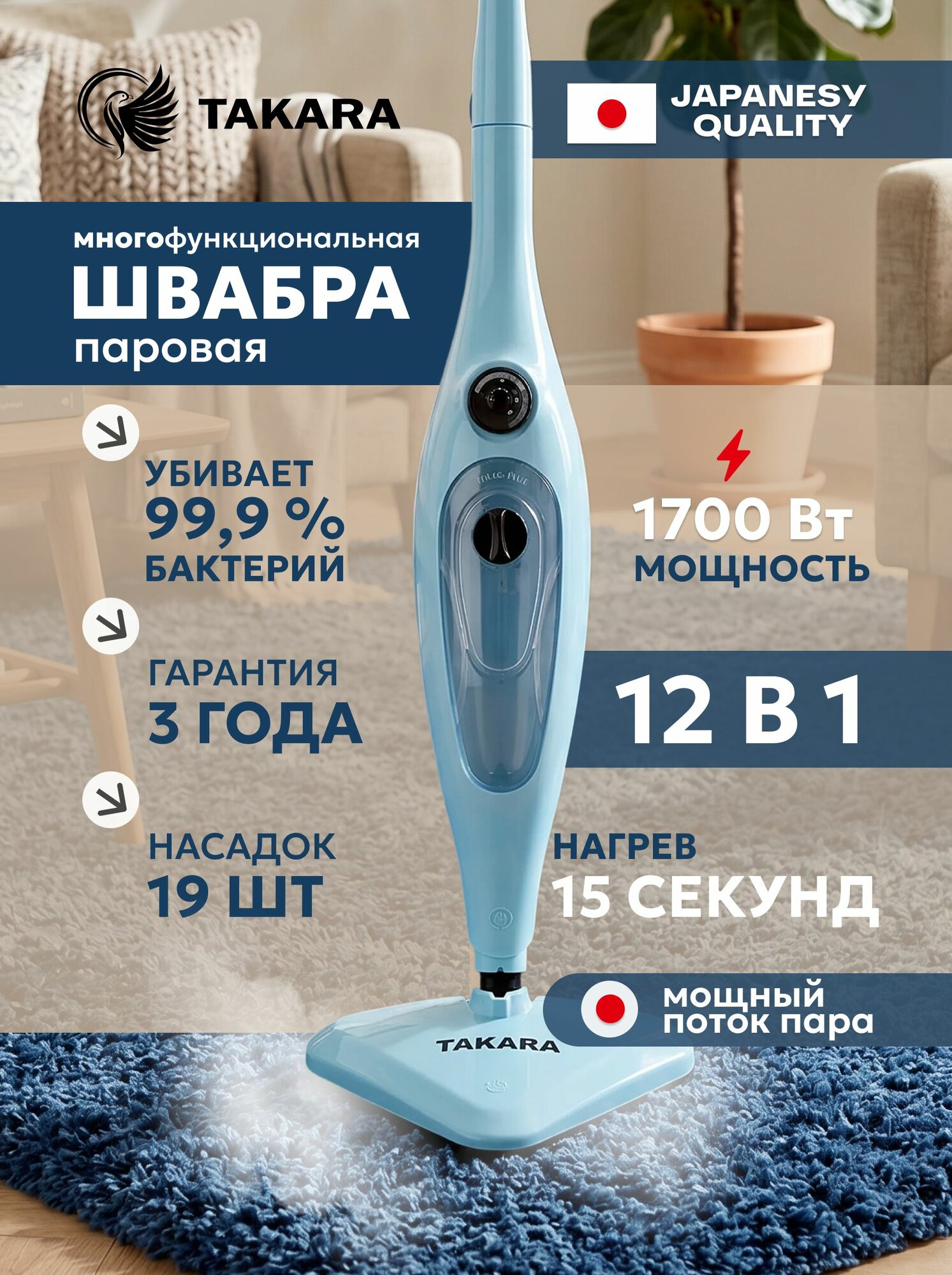 Паровая швабра с насадками для уборки дома TAKARA SM-305 NEW, Пароочиститель для дома 19в1 , 4 режима мощности, голубая, 1700вт