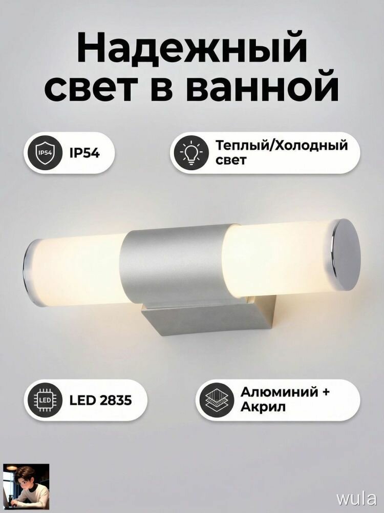 Настенный светильник LED IP54, 12 Вт, Алюминий + Акрил, для ванной комнаты