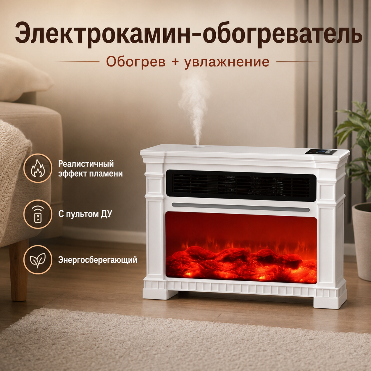 Напольный обогреватель, с эффектом живого огня, функцией увлажнения, пульт ДУ, для дома и дачи, 55.6*46*19.5cm