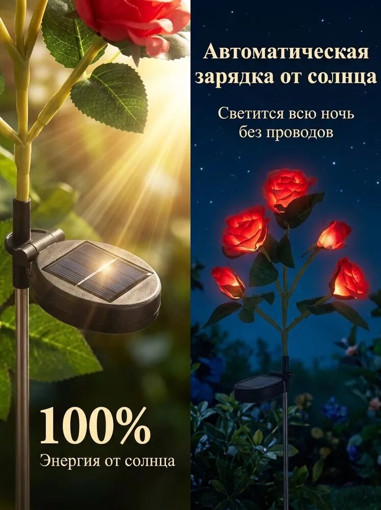 Штекер садовый "Цветок розы" 72см, ABS пластик, Красный, черный матовый, хаки — фото 1