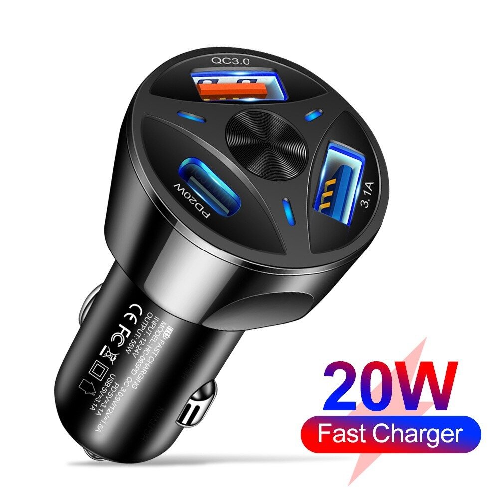 Автомобильное зарядное устройство QC3.0 PD55W с быстрой зарядкой, 4 порта, черный (с упаковкой)