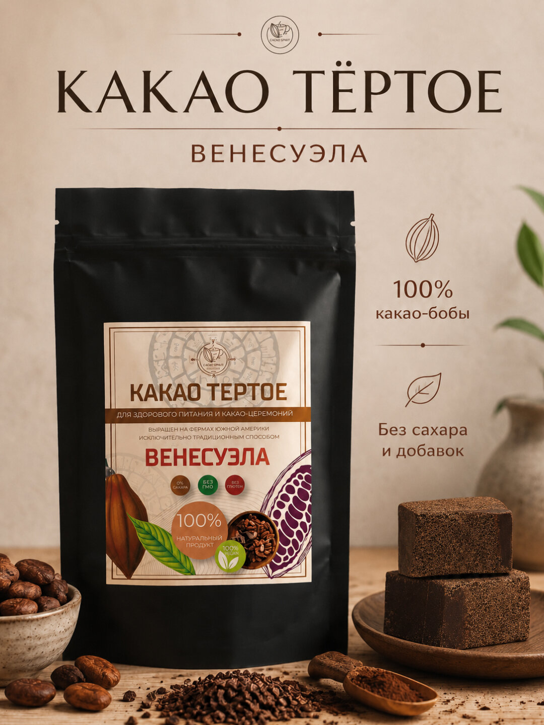 Какао тертое натуральное Криолло из венесуэлы / Здоровое питание / Церемониальное какао без сахара 250 г