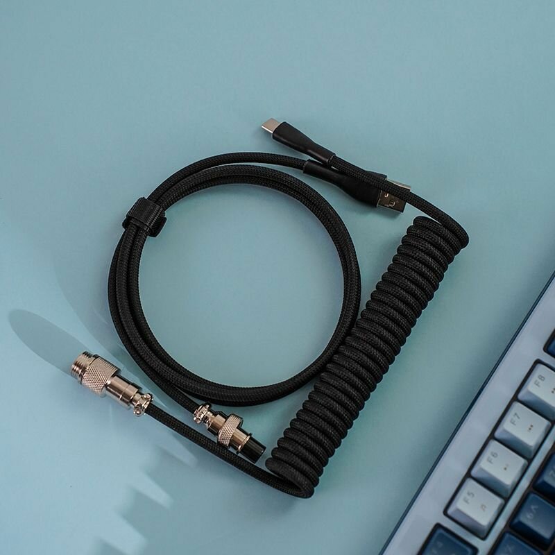 Спиральный пружинный плетеный кабель аудио/данных USB-A - Type-C для механической клавиатуры с магнитной осью, черный