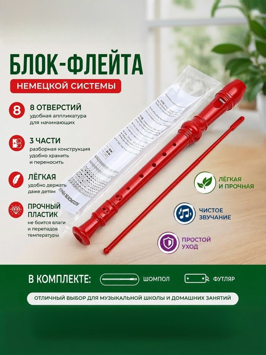 Блок-флейта немецкой системы, 8 отверстий, 3 части с шомполом и футляром профессиональный инструмент для занятий музыкой. Красная