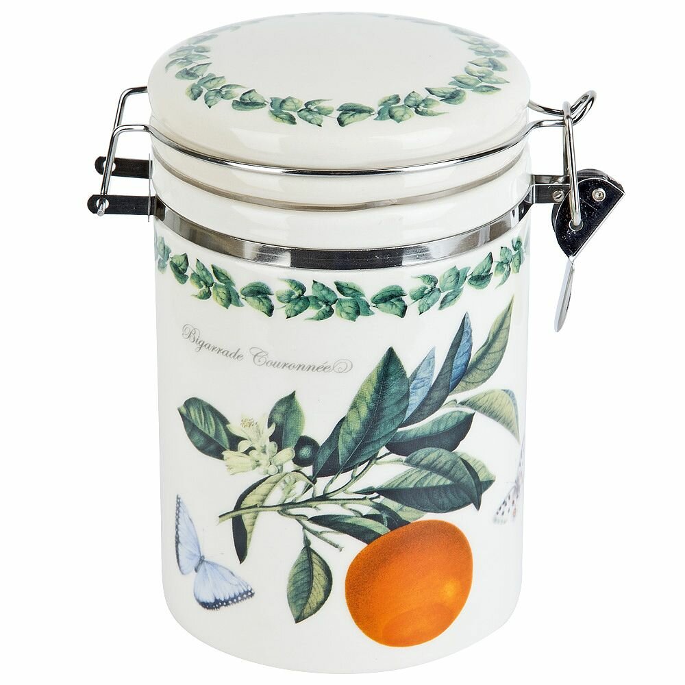 Банка для сыпучих продуктов Dolomite / Доломит Fruit Garden с герметичной крышкой и металлическим замком, керамика, бело-зеленый, 0.8л / посуда для кухни