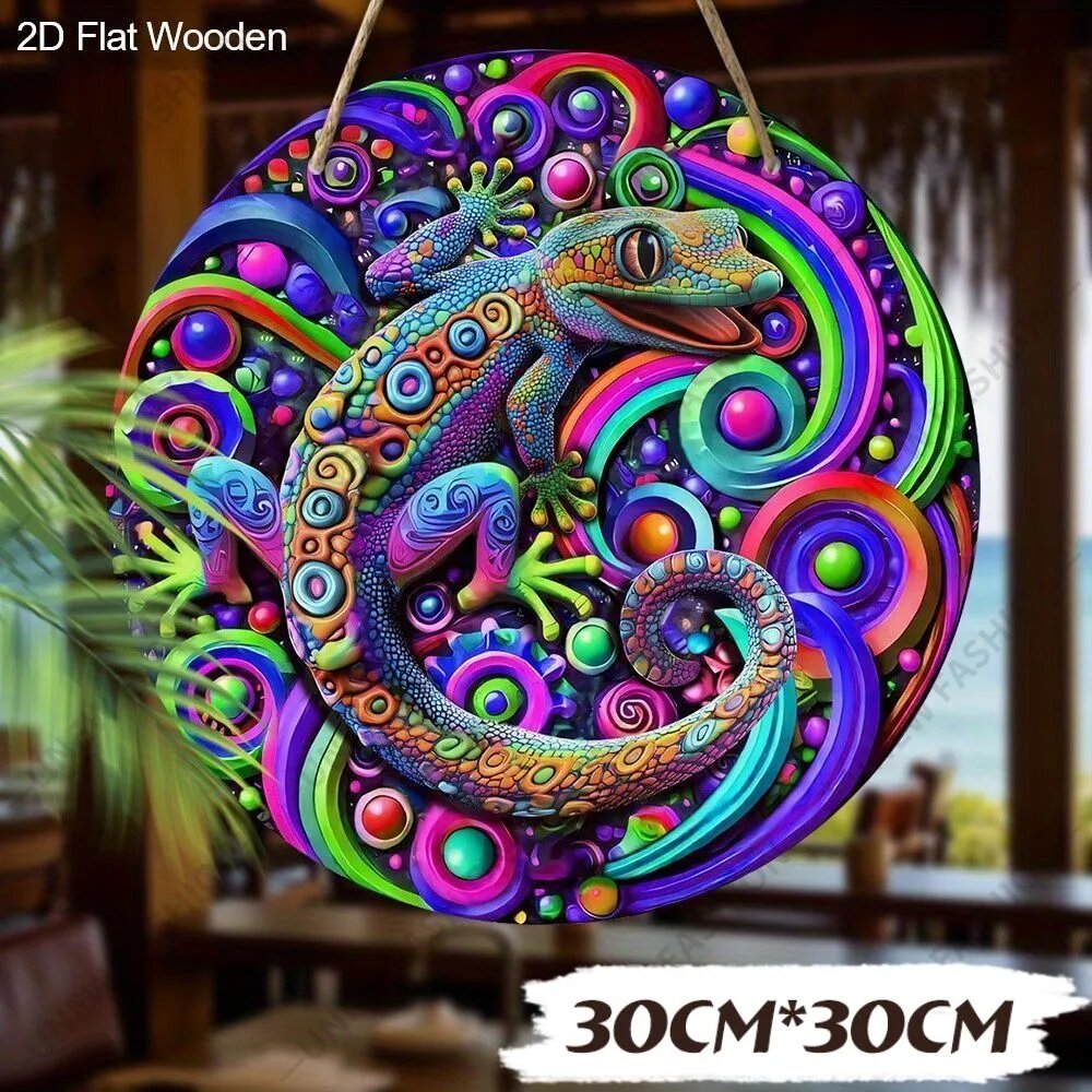 30cm*30cm, Круглая деревянная декоративная табличка с ярким гекконом, Плоские 2D-изделия