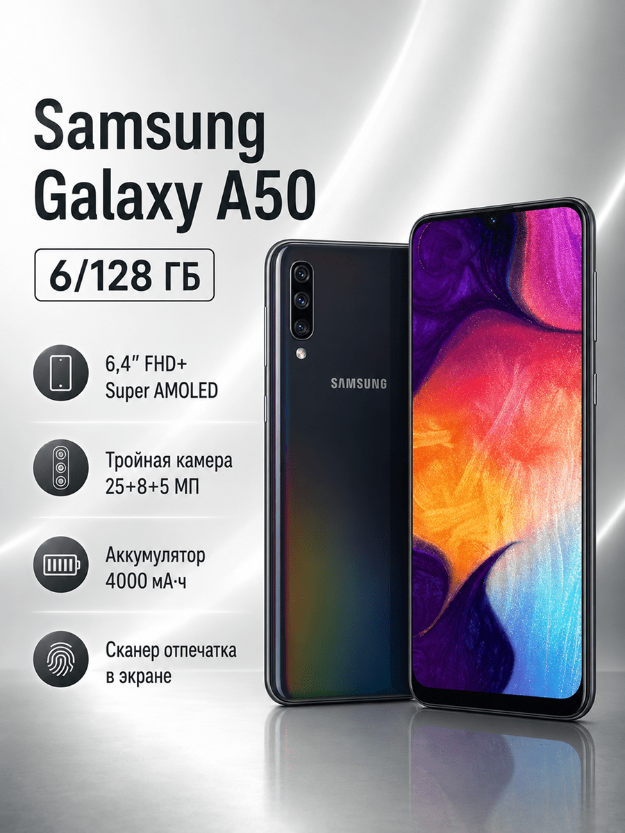 Смартфон Samsung Galaxy A50 6/128 ГБ, черный, Dual SIM, AMOLED, NFC（A50-A505N）