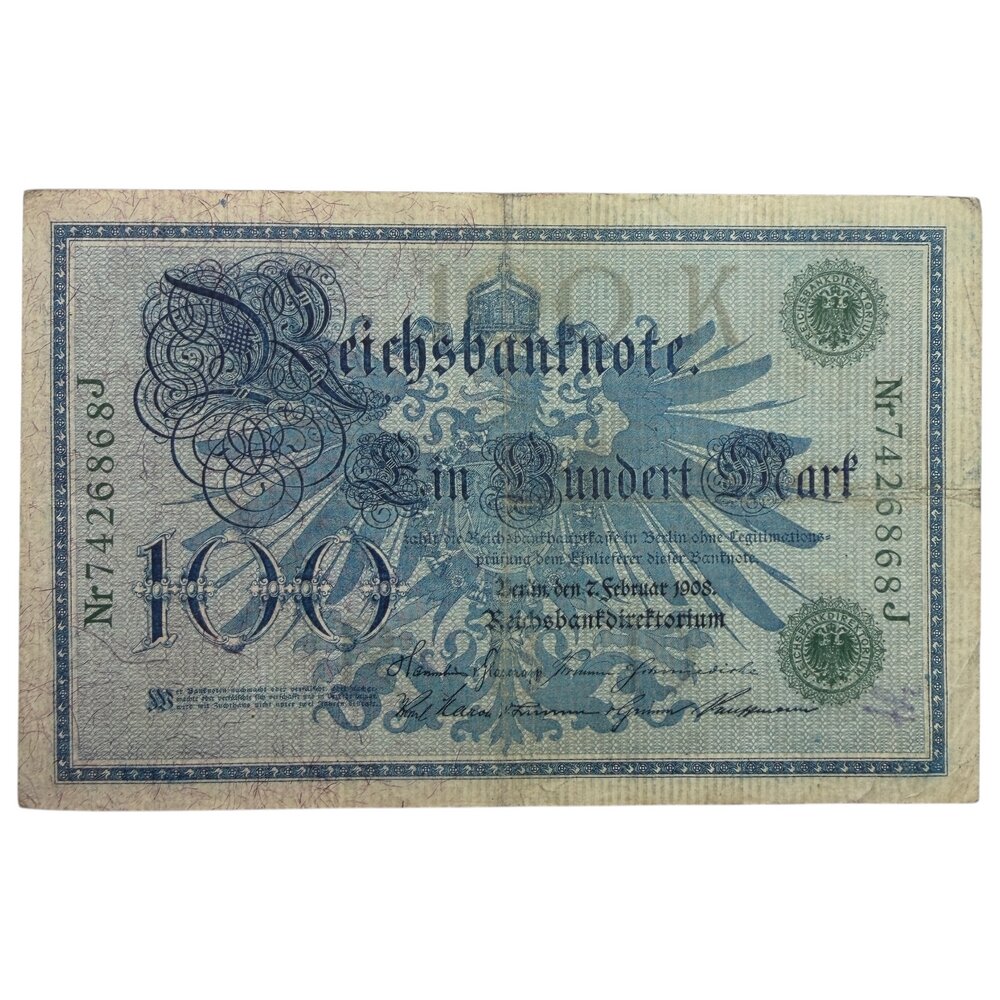 Германская империя (Германия) 100 марок 1908 г. (Зелёные печати) (Литера K) (Серия J)