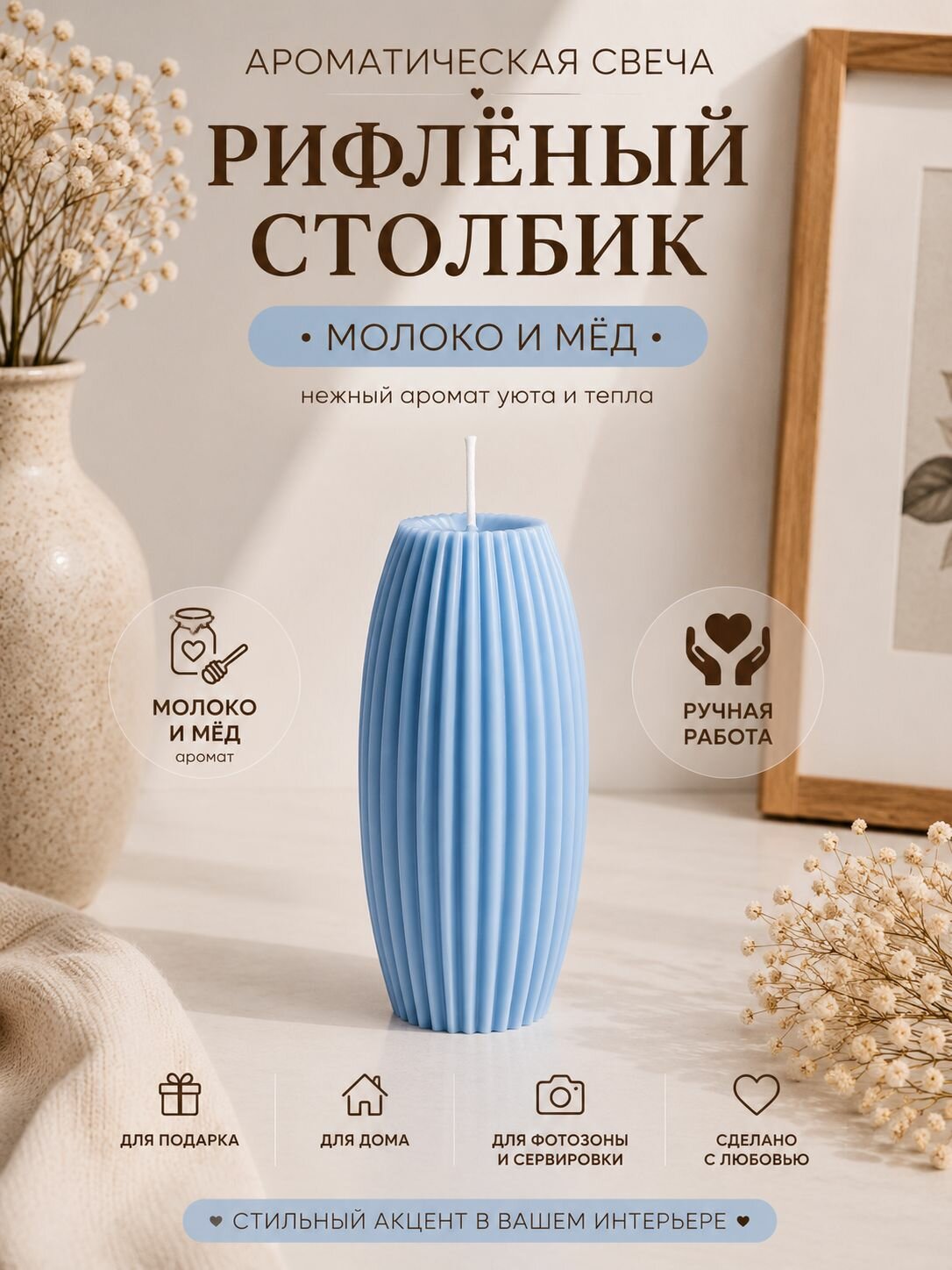 Ароматическая свеча Рифленый столбик, Молоко и мед, 4х10 см, голубой
