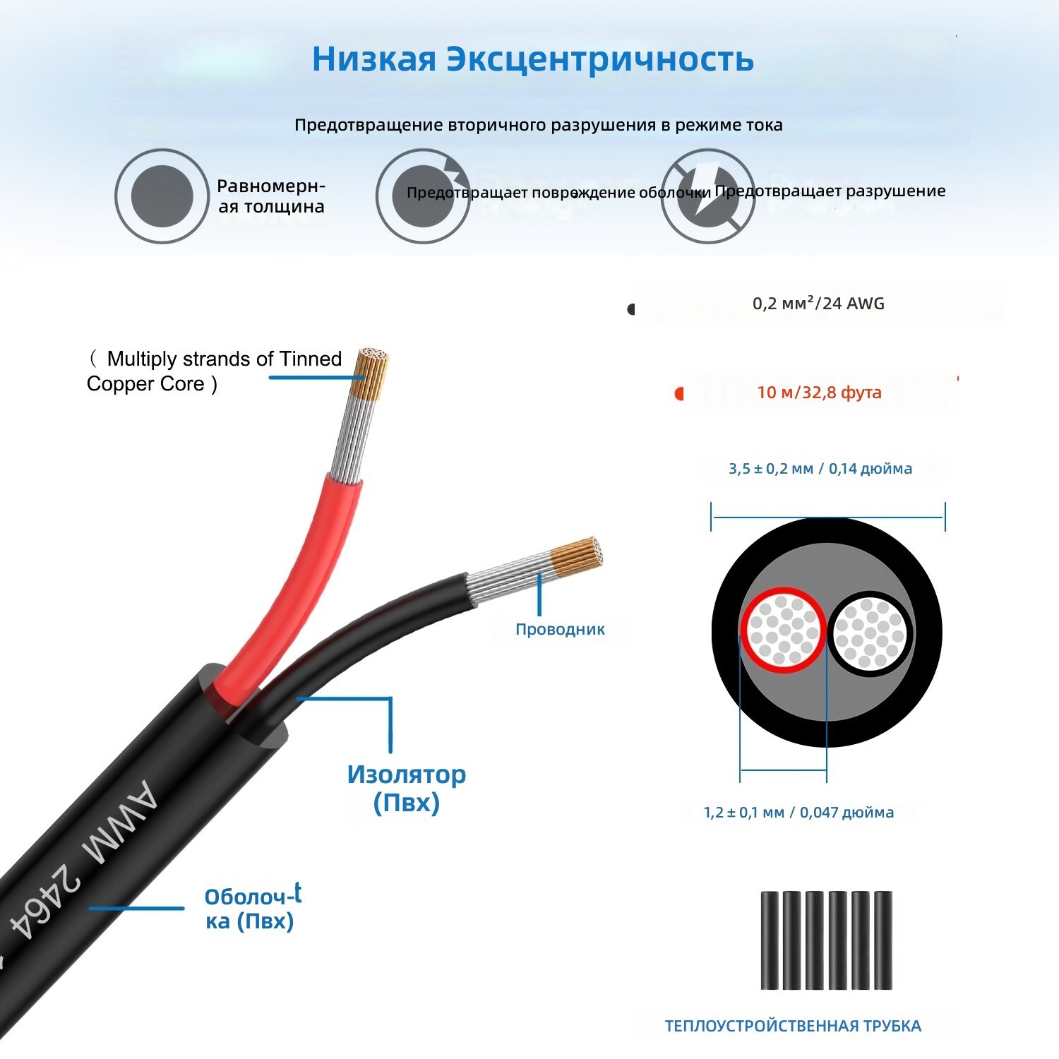 2-жильный луженый медный удлинительный кабель 0.2mm² (24AWG) 10м (32.8фута) для низковольтного DC 12/24/36V, LED-освещения, автомобилей, прицепов, лодок, DIY + 6шт термоусадочных трубок 2:1
