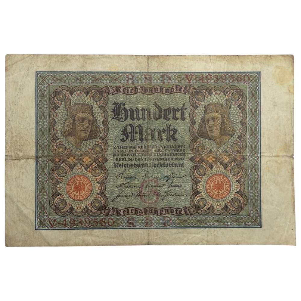Веймарская республика (Германия) 100 марок 1920 г. (Литера G) (Серия V) (7-значный номер)