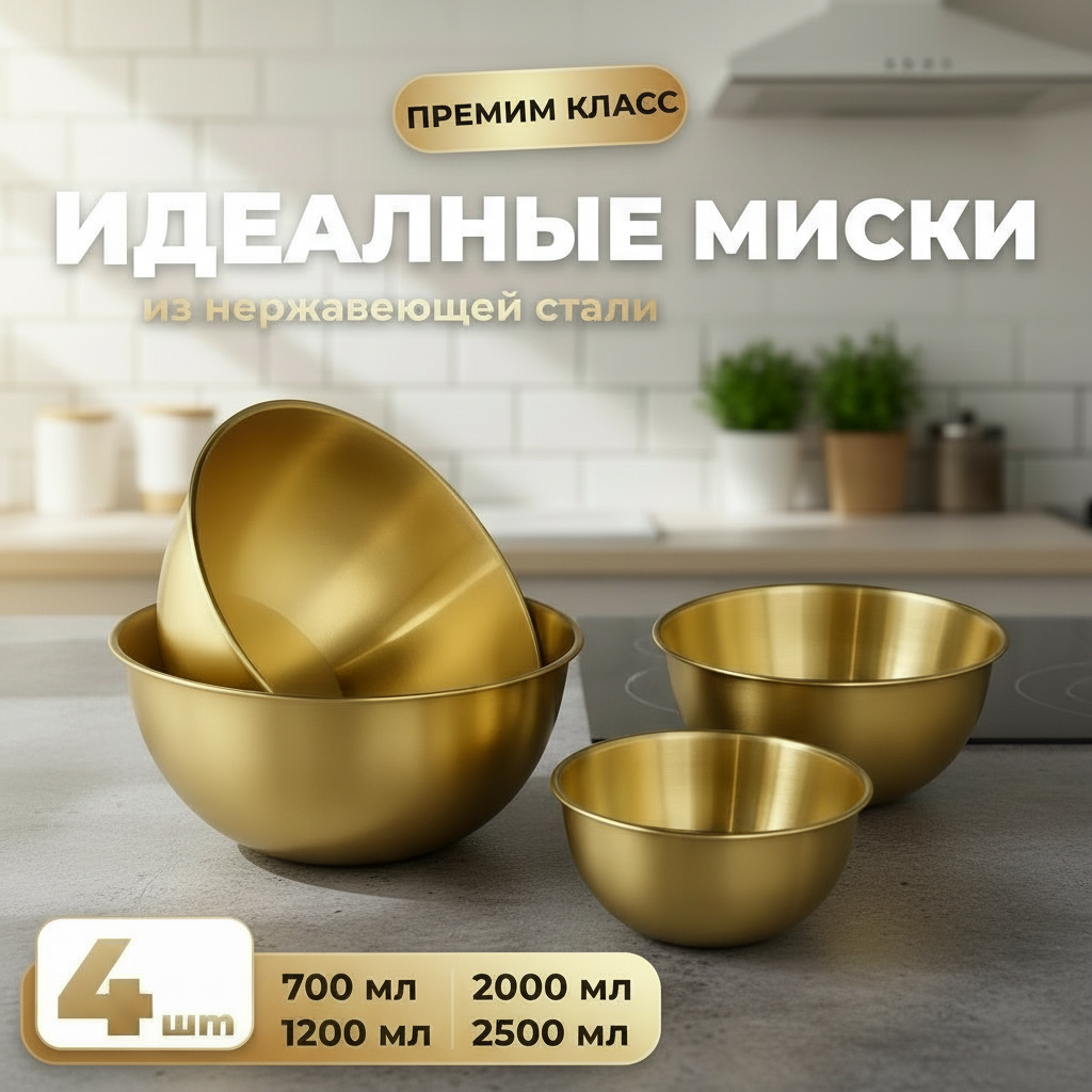 Набор мисок нержавейка Shiny Kitchen 2.5 л золото 4 шт