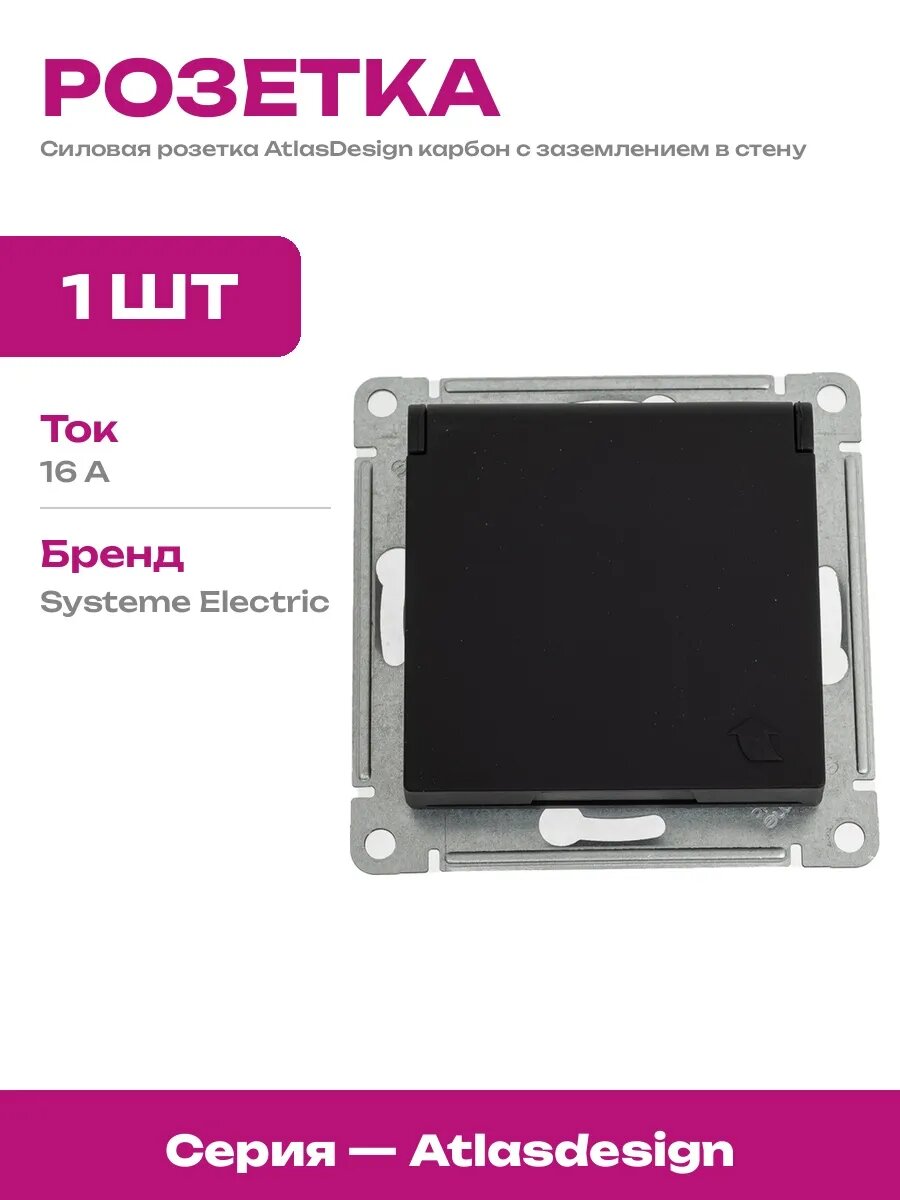 Розетка карбон с защитными шторками для скрытой проводки