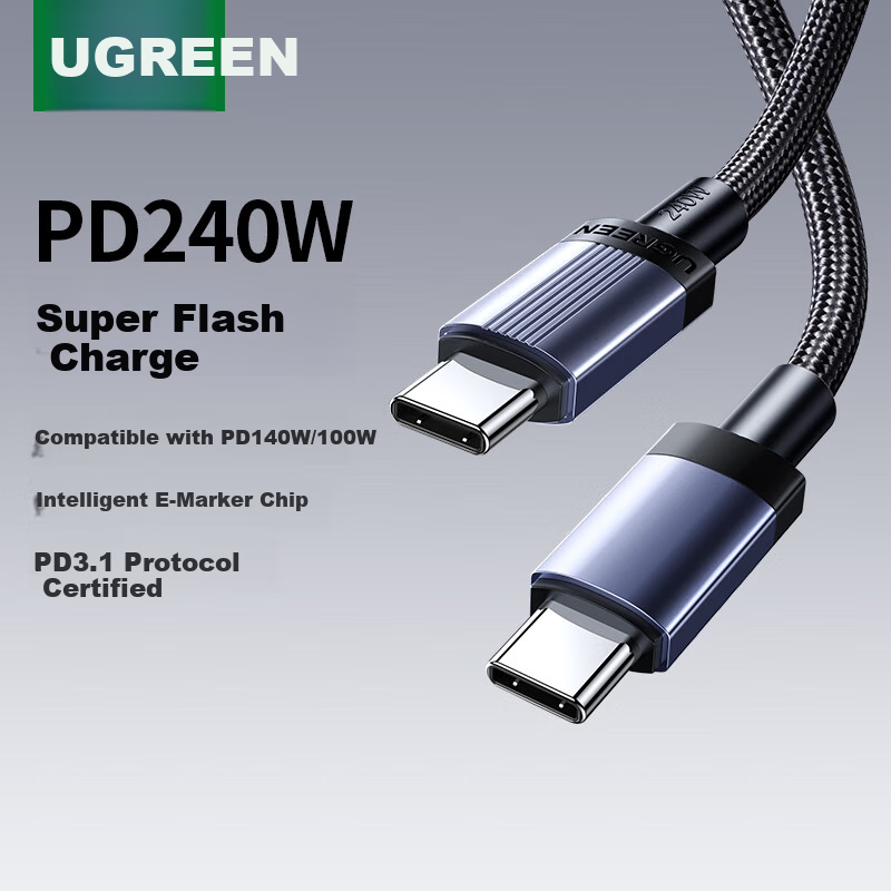 UGREEN PD240W двойной тип-с кабель 2 м алюминиевая сплетенная черная 100 Вт быстрая зарядка для Huawei Xiaomi Honor