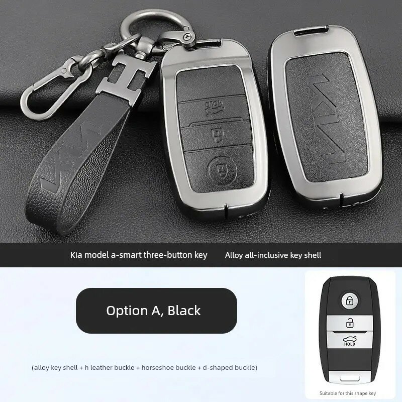 Кейс для ключа Kia для K5/K2/K3/K4/KX5/KX Cross - 3-кнопочный черный с кожаным ремешком H, D-защелкой и конским кольцом