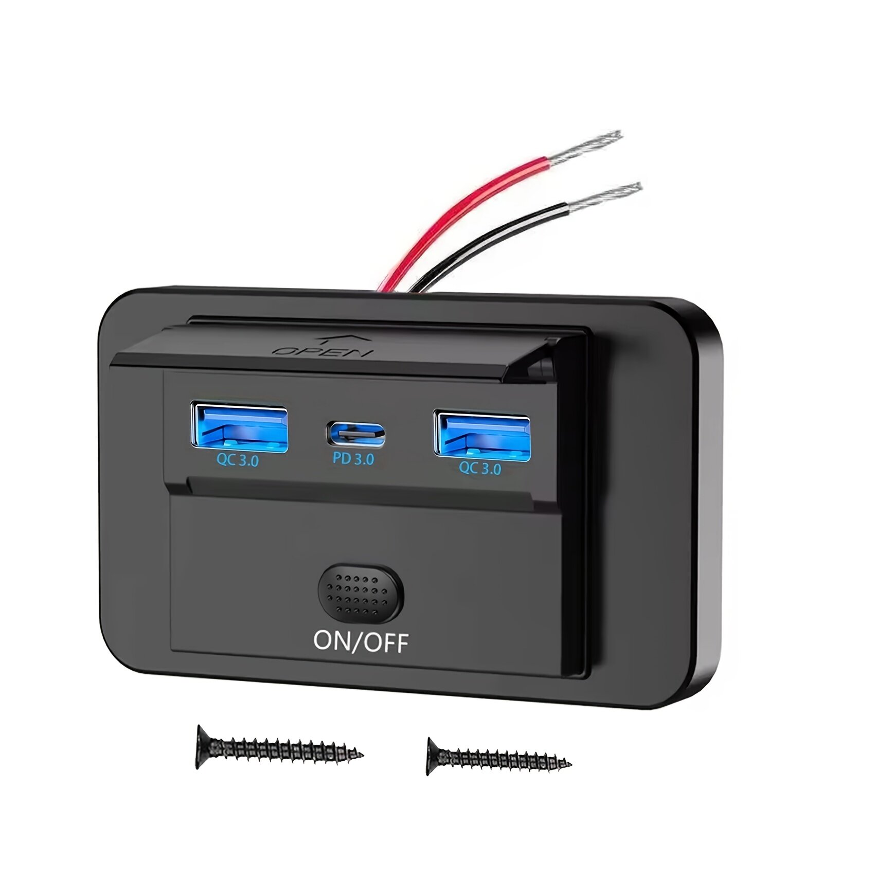 Трехпортовая встраиваемая автомобильная зарядная USB-розетка с быстрой зарядкой, выключателем и USB Type-C, синяя, 1 шт