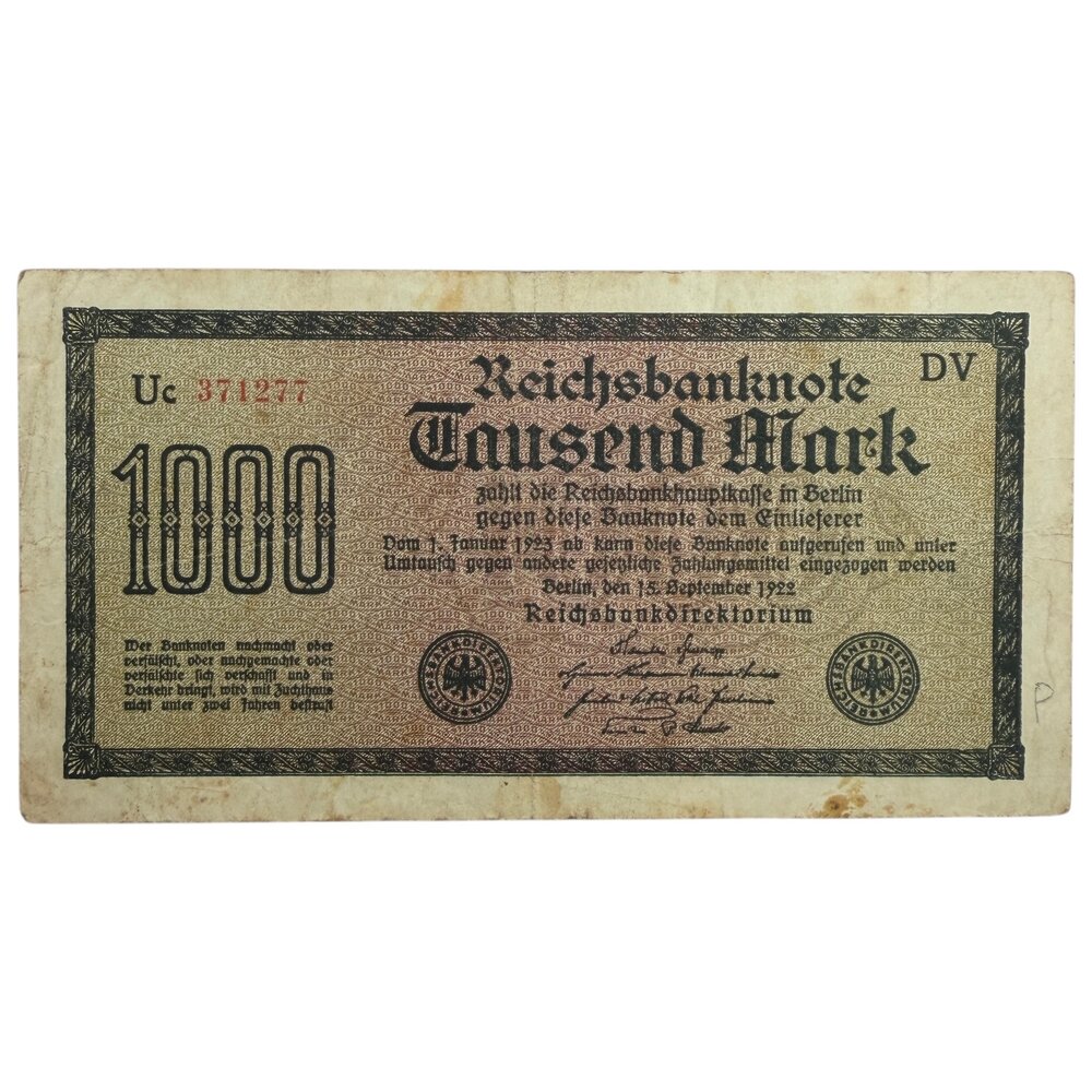 Веймарская республика (Германия) 1000 марок 1922 г. (ВЗ - Волны, J) (Литера DV) (Серия Uc)