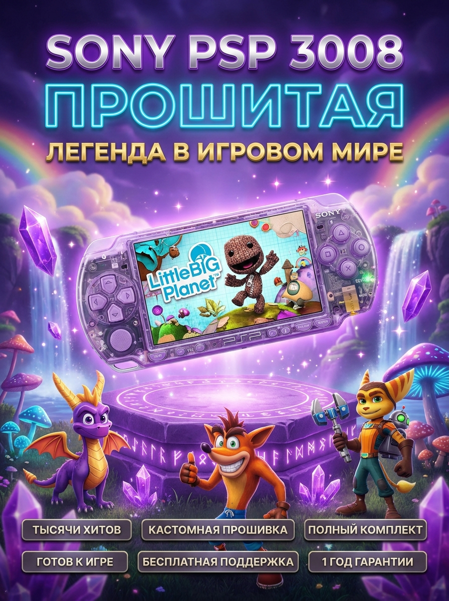 Новая игровая приставка Sony PSP 3008 Slim Прозрачно-фиолетовый 64Gb 3000+ ИГР