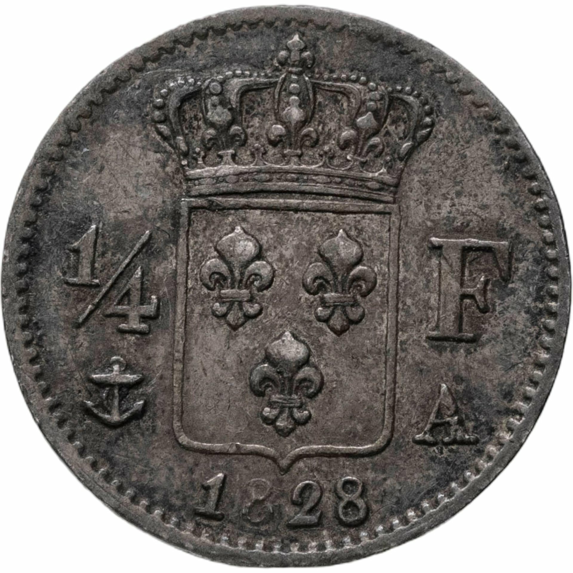 Франция 1/4 франка 1828, знак монетного двора: "A" - Париж, Серебро 900, в сохранности XF-AU