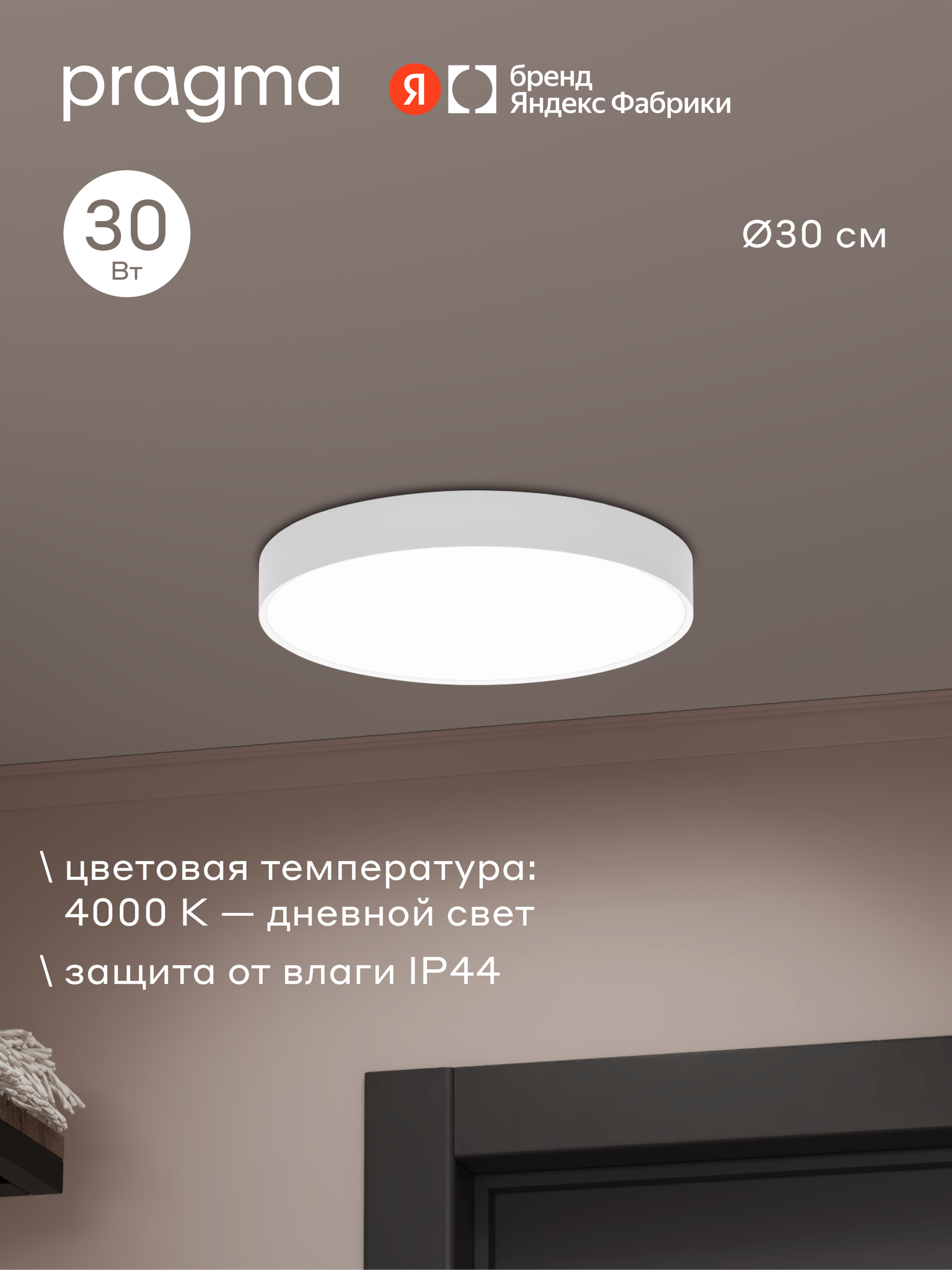 Pragma Tinsu Светильник потолочный светодиодный, 30 Вт, круглый, 300 мм, IP44, белый, нейтральный свет, 4000K
