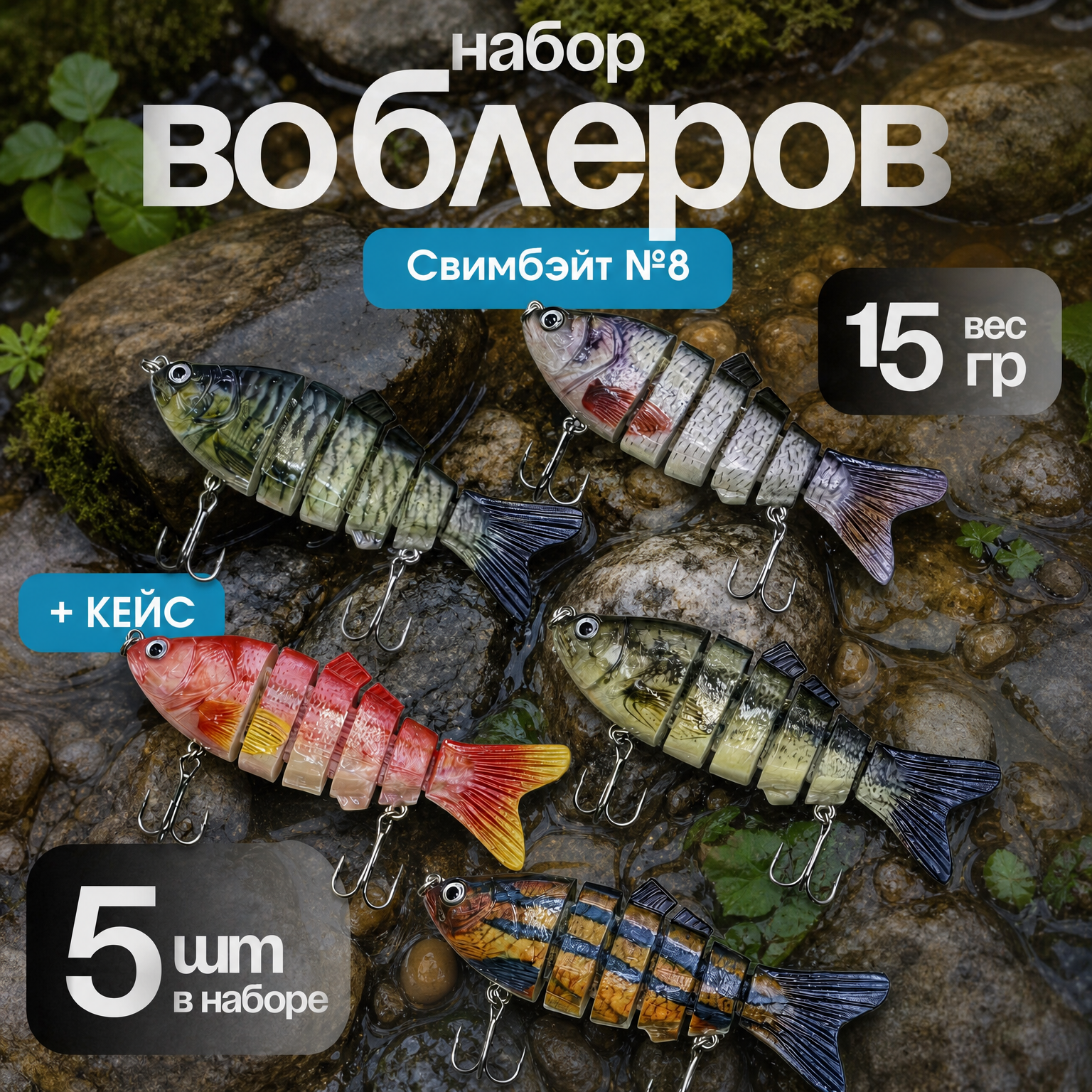 Набор для рыбалки / Воблеры на сома 5 шт / Снасти для рыбалки / Свимбейт №8 (Цвет товара: зелено-желтый; Длина: 120 мм; Вес: 15 гр) + кейс
