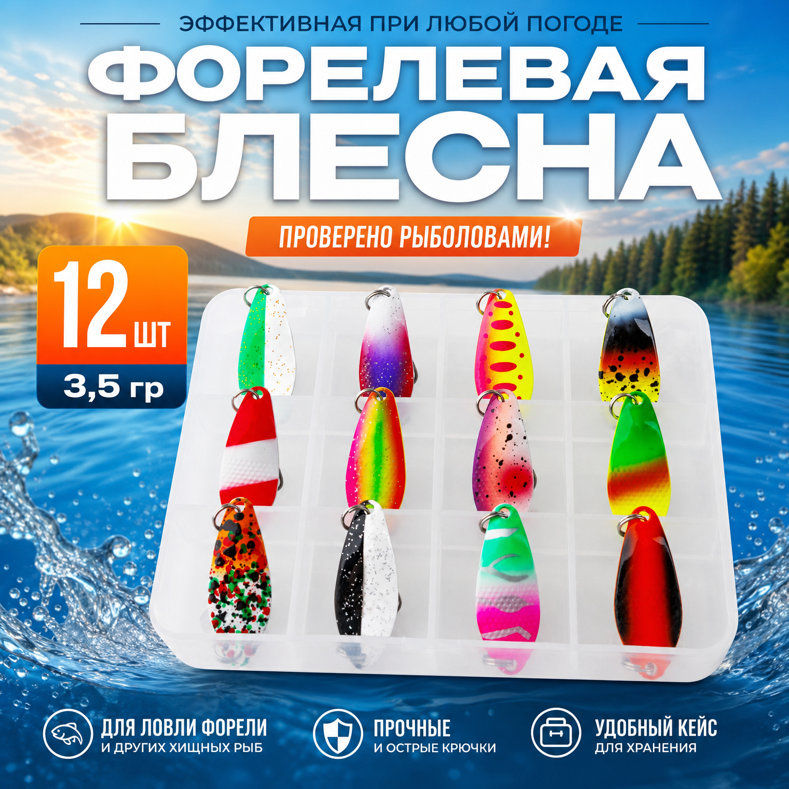 Форелевая блесна-колебалка для рыбалки набор в кейсе 3,5 гр, 12 шт. (Цвет: 12 разнообразных дизайнов; Для ловли форели и хищных рыб; Прочные и острые крючки; Удобный кейс для хранения; Эффективна в любую погоду; Проверено рыбаками!)