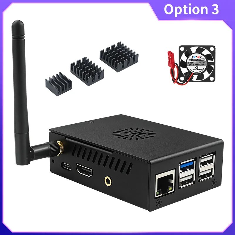 Защитный металлический корпус OPi 4 Pro Black Box с охлаждающим вентилятором и антенной Option 3