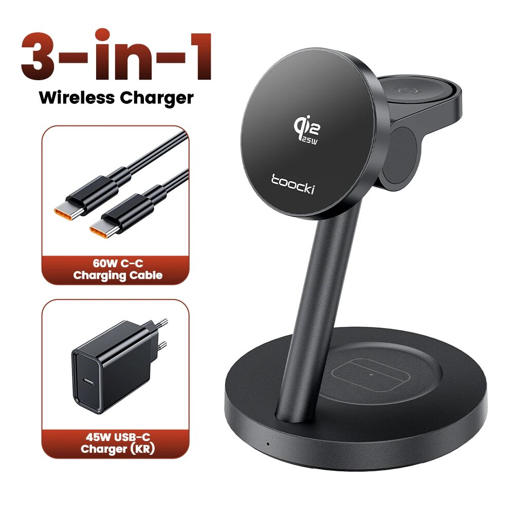 Беспроводное зарядное устройство Toocki QI2.2 25W 3-в-1 с подставкой Magsafe для iPhone 17, KR plug