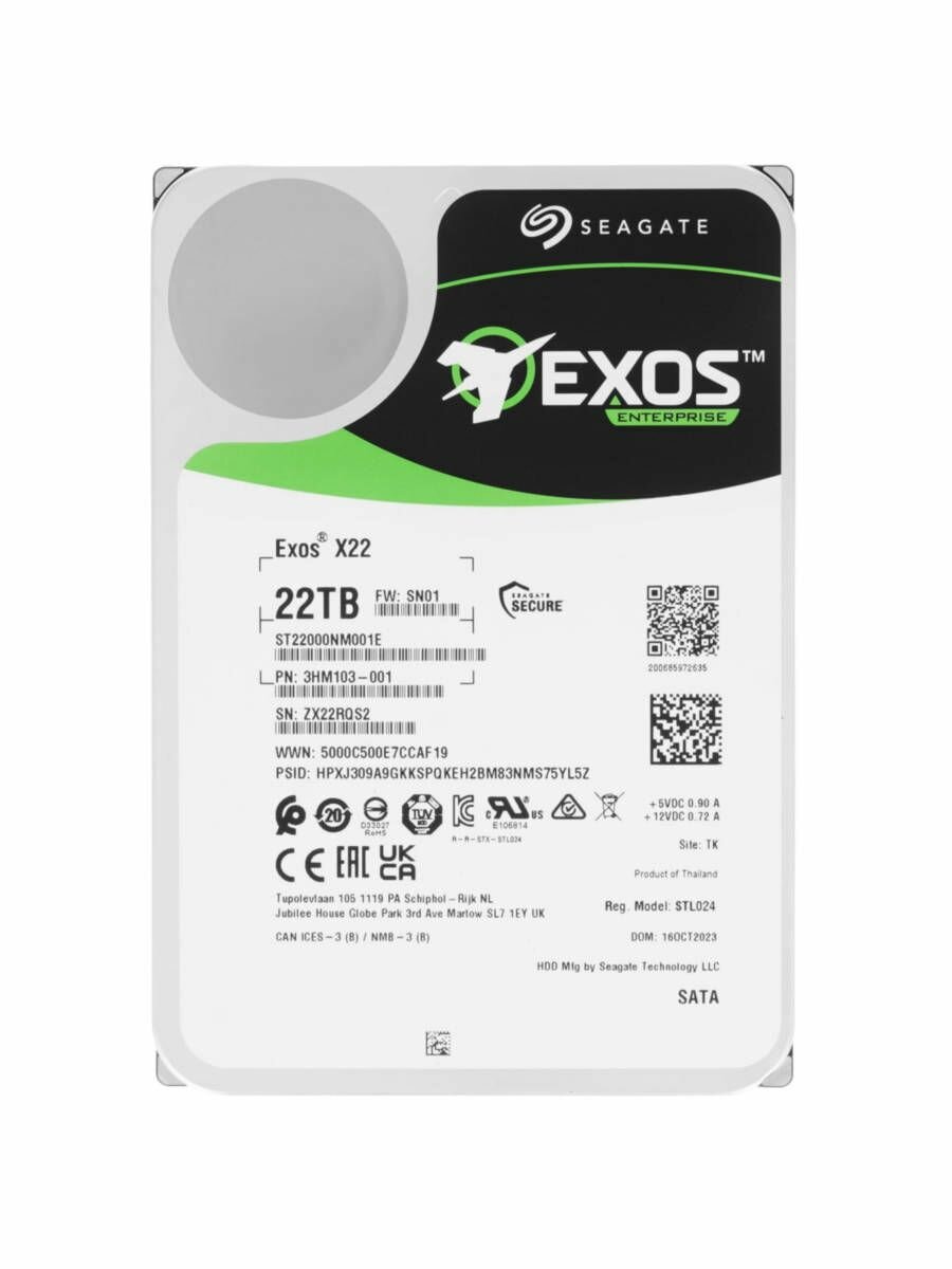 Seagate 22 ТБ Внутренний жесткий диск Exos X22 3.5" 7200, 3.5", 7200 об/мин, SATA III 6 Гбит/с (ST22000NM001E)