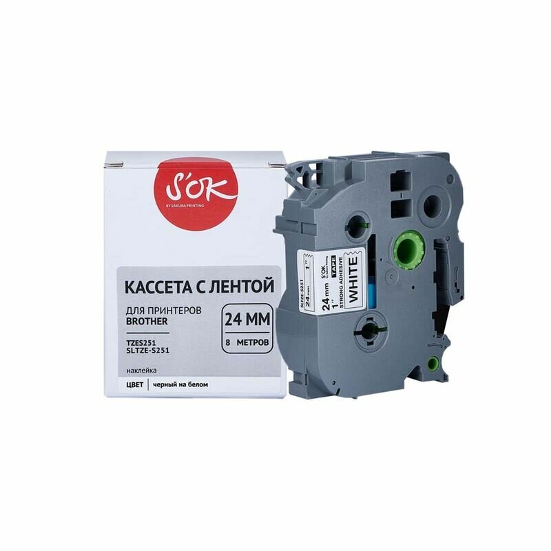 Кассета с лентой TZE-S251 для Brother PT-E550WVP, PT-P700, PT-D600VP S'OK черный на белом, 24мм/8м, наклейка