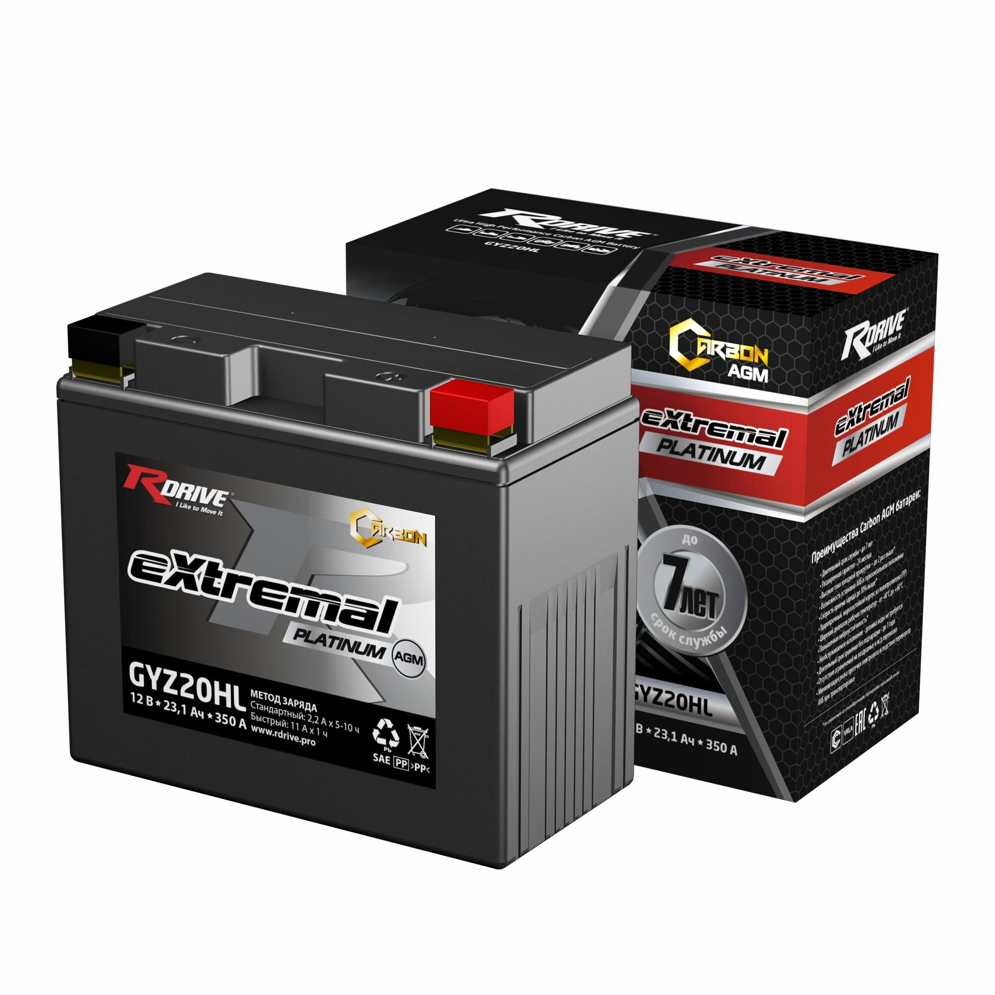 Мото аккумулятор RDRIVE PLATINUM GYZ20HL (12В 23.1Ач 350А 175х87х154мм) обр. пол.