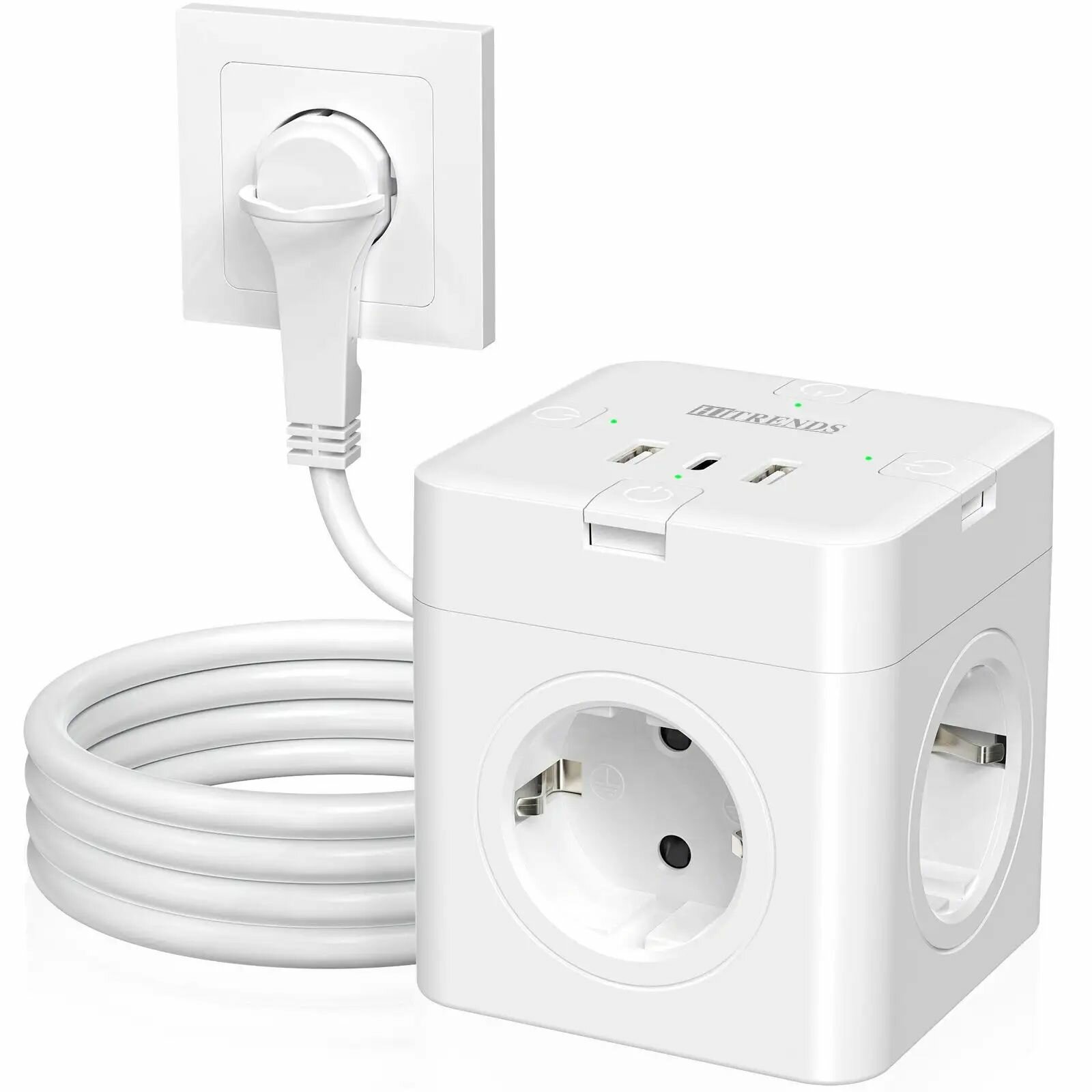 HITRENDS Компактный сетевой куб с 4 розетками и USB (2U1C), индивидуальные выключатели и быстрая зарядка PD, белый с кабелем 2м