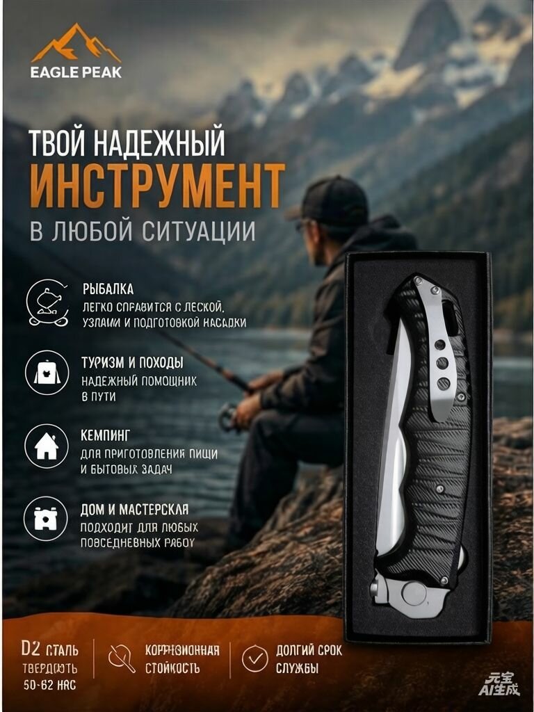 Складной рыбацкий нож из стали D2 11.5 см с линейным замком, Подарочная коробка. складной нож для рыбалки нож D2 11.5 см