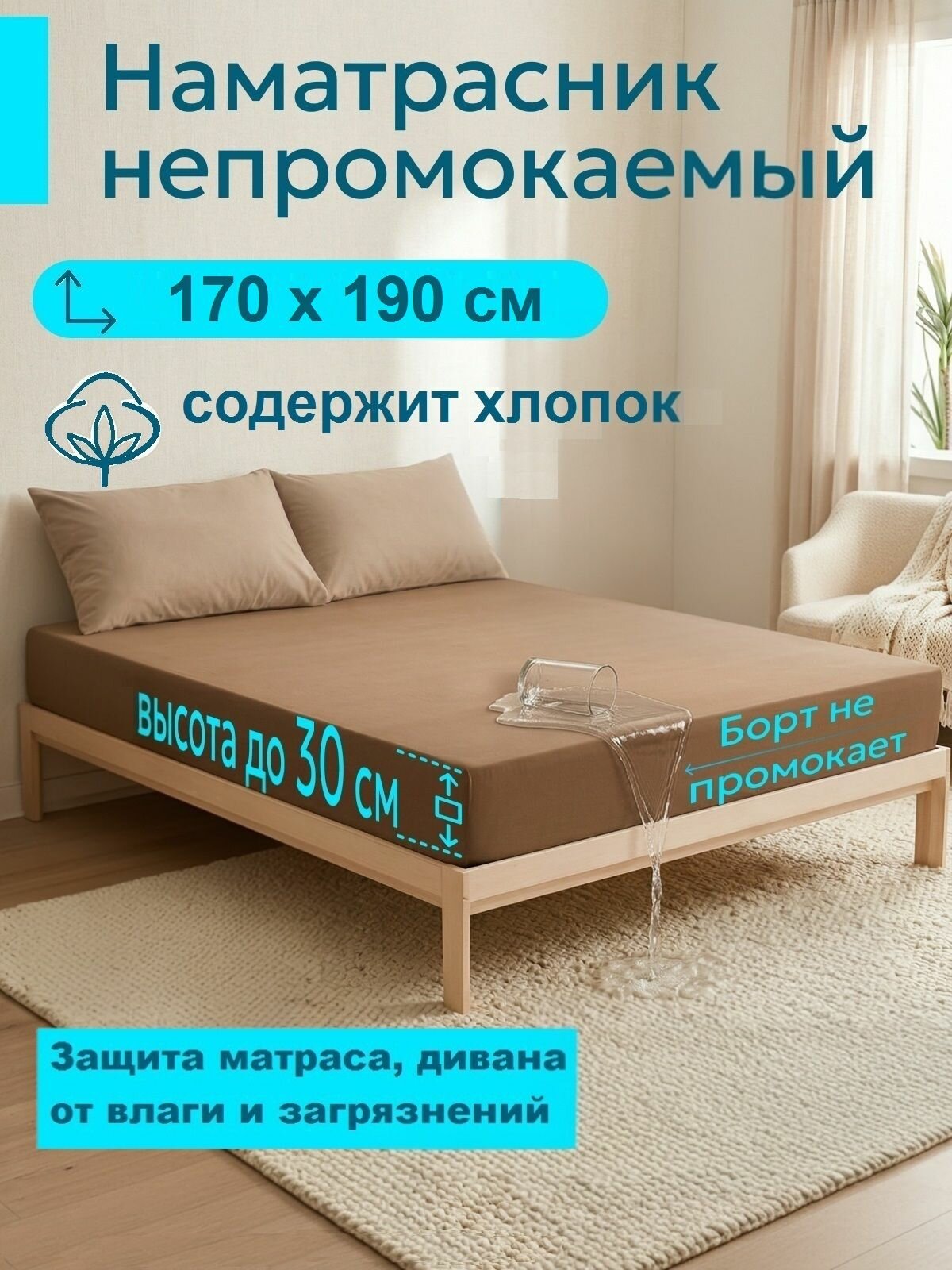 Наматрасник 170х190 см, непромокаемый, с бортом-махра