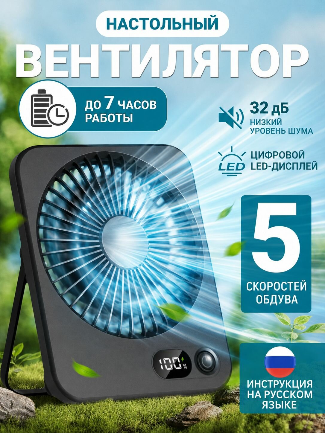 Вентилятор Настольный ультратонкий, бесшумный, 5 скоростей, портативный USB-вентилятор с зарядкой Type-C, крепление на стол/стену, для дома и офиса, подарок для парня и девушки